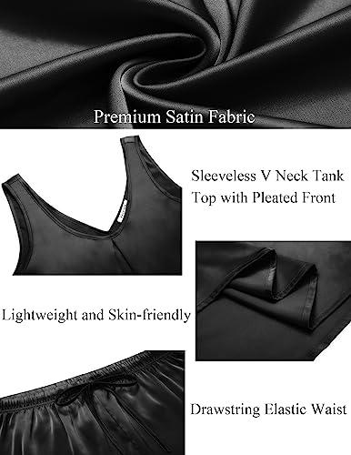 Ekouaer Satin Pajamas Womens Pjs Tank Shorts Set Silk Soft Sleepwear V Neck Summer 2 Piece Lounge Set Black,L