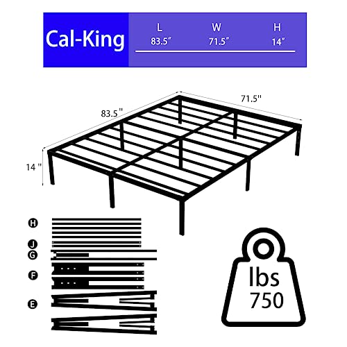 DERYONI 14 inch California King Bed Frame No Box Spring Needed Heavy Duty Platform Cal King Bed Frame Steel Slat Support 750lbs Easy Assembly Noise Free Black Bed Frame Cali King