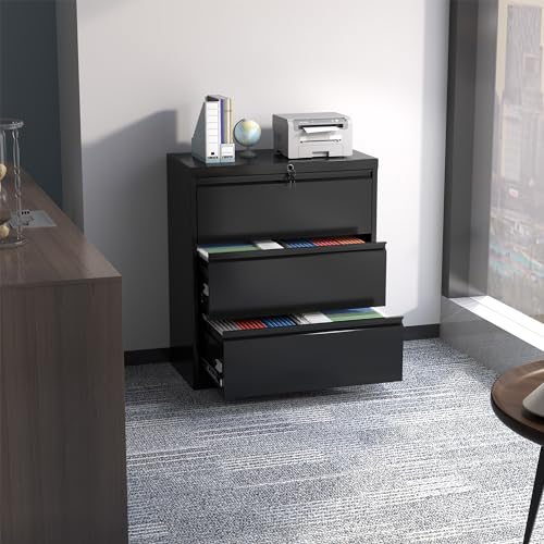 METAN 3 Drawer Metal Lateral File Cabinet for Home Office, Large Deep Metal File Cabinet with Lock, 35.43 Inches Wide for Letter/Legal A4 Size, Assembly Required, Black