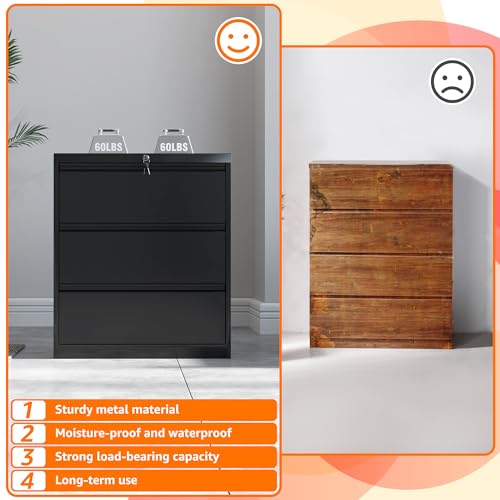 METAN 3 Drawer Metal Lateral File Cabinet for Home Office, Large Deep Metal File Cabinet with Lock, 35.43 Inches Wide for Letter/Legal A4 Size, Assembly Required, Black