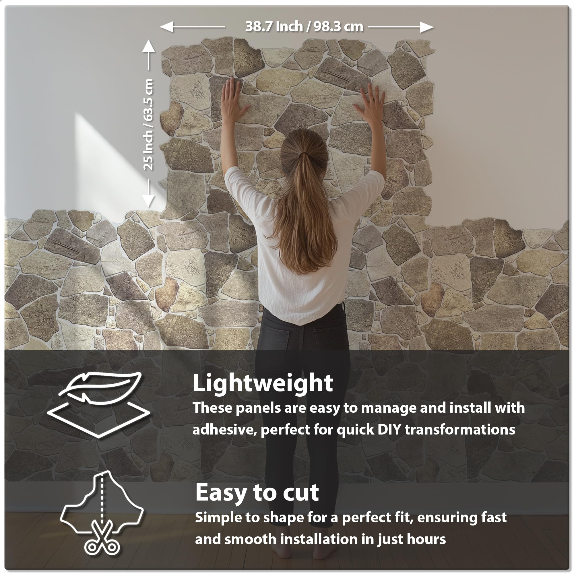 CONCORD WALLCOVERINGS ™ 5 Pack 3D Faux Brick Wall Panels, Beige Grey Wild Stone, Lightweight 38.7" x 25" (98.3 cm x 63.5 cm) PVC Sheets, Decorative Tiles for Living Room, Kitchen - Covers 33.59 Sq Ft