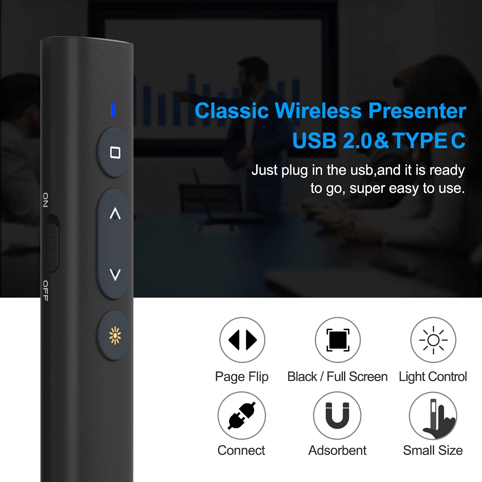 Clicker for Powerpoint Presentations, TIBURN 100 Feet Presentation Clicker USB/USB-C 2 in 1 Slides Clicker for Mac/Win/Computer/Laptop Presentation Pointer