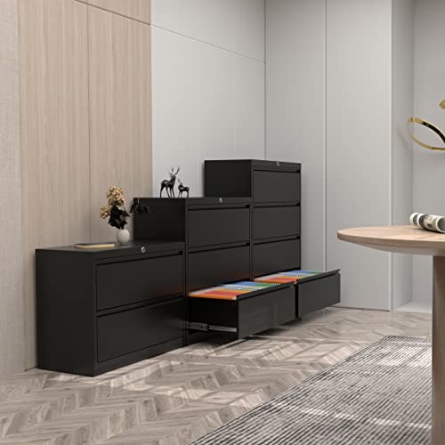 METAN 3 Drawer Metal Lateral File Cabinet for Home Office, Large Deep Metal File Cabinet with Lock, 35.43 Inches Wide for Letter/Legal A4 Size, Assembly Required, Black