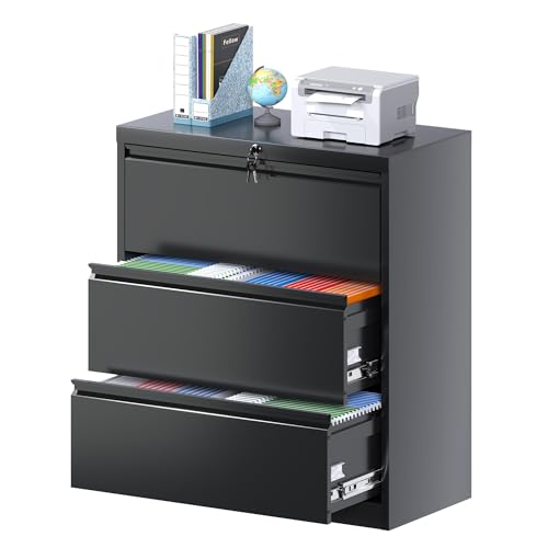 METAN 3 Drawer Metal Lateral File Cabinet for Home Office, Large Deep Metal File Cabinet with Lock, 35.43 Inches Wide for Letter/Legal A4 Size, Assembly Required, Black