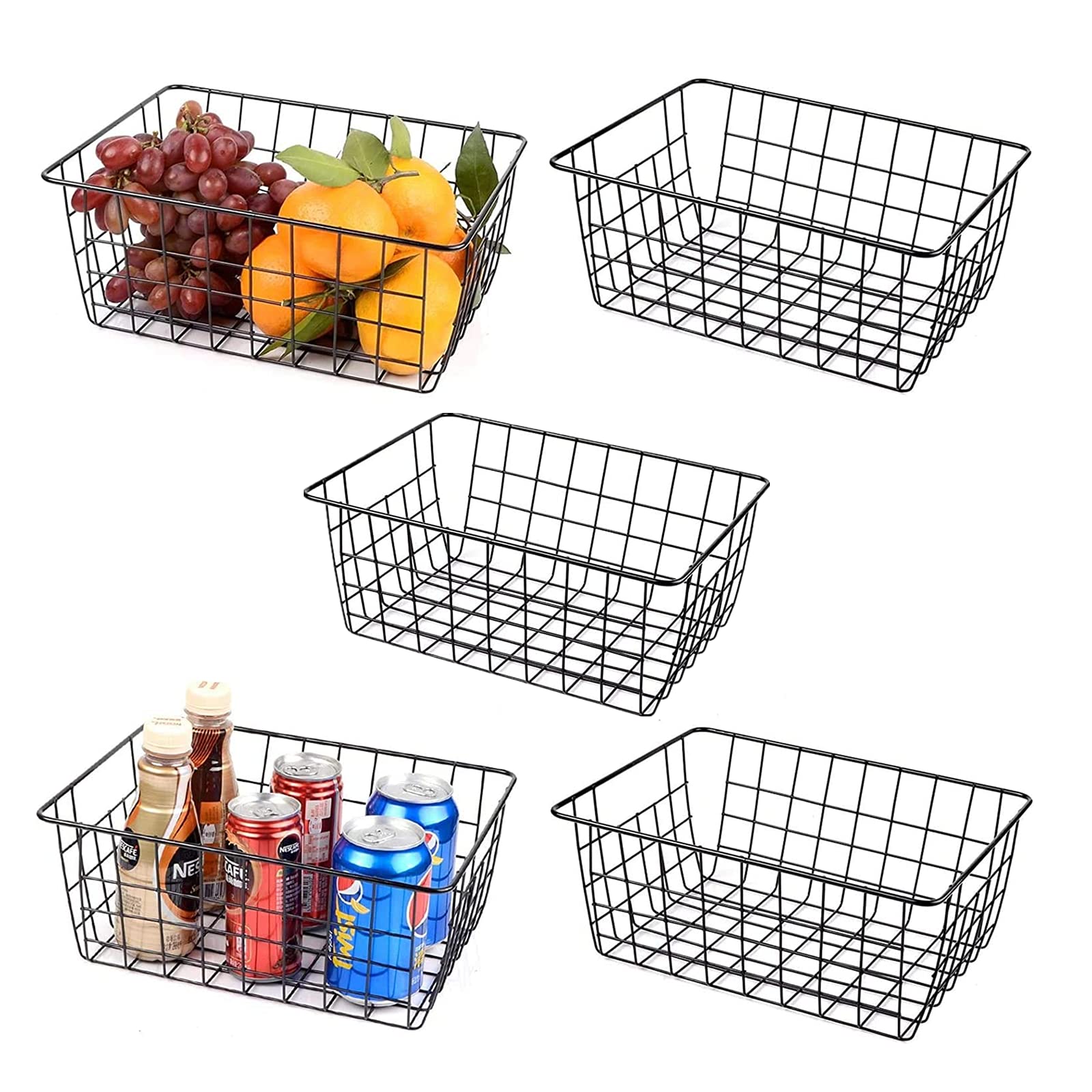 5PCS Wire Storage Baskets, Premium Metal Storage Organizer Basket, Small Size Metal Baskets for Home Office Kitchen, Black