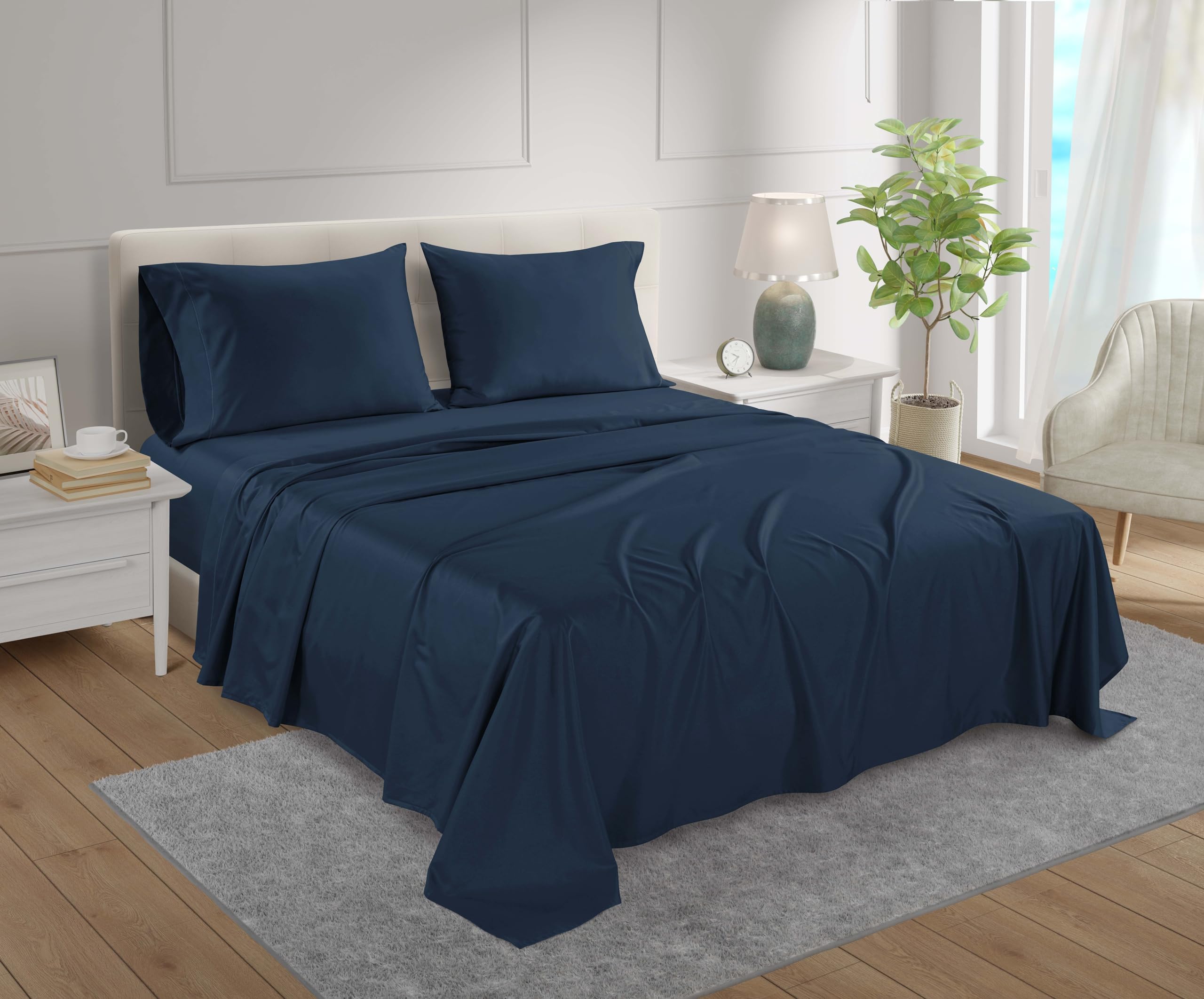100% Egyption Cotton King Solid Sheet Set & Striped Sheets Set of 2 Combo- 800 Thread Count Sateen Weave KIng Size Solid Sheets & Striped Sheets, Deep Pocket Cotton Bedsheets - Dark Denim