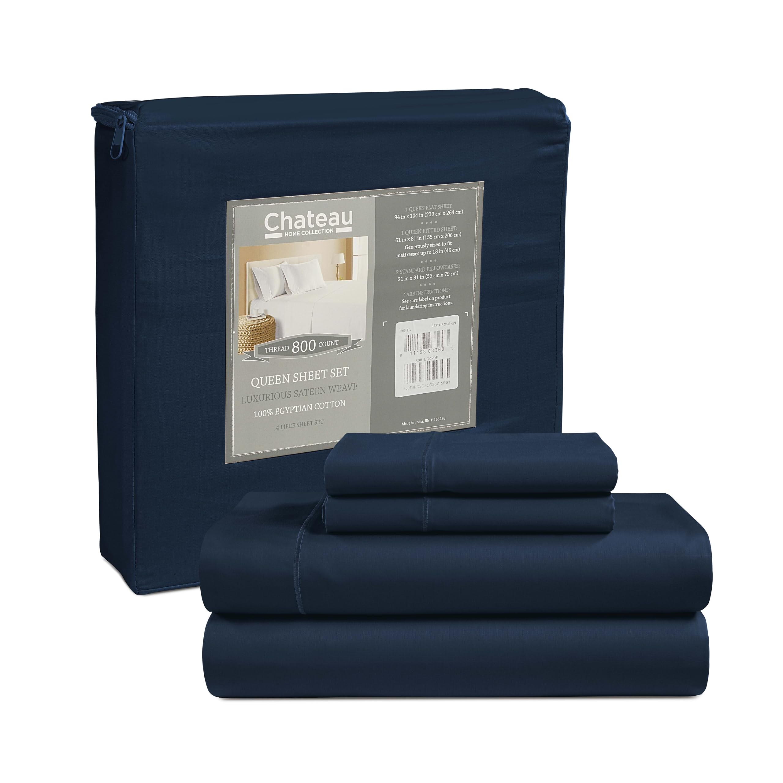 100% Egyption Cotton King Solid Sheet Set & Striped Sheets Set of 2 Combo- 800 Thread Count Sateen Weave KIng Size Solid Sheets & Striped Sheets, Deep Pocket Cotton Bedsheets - Dark Denim