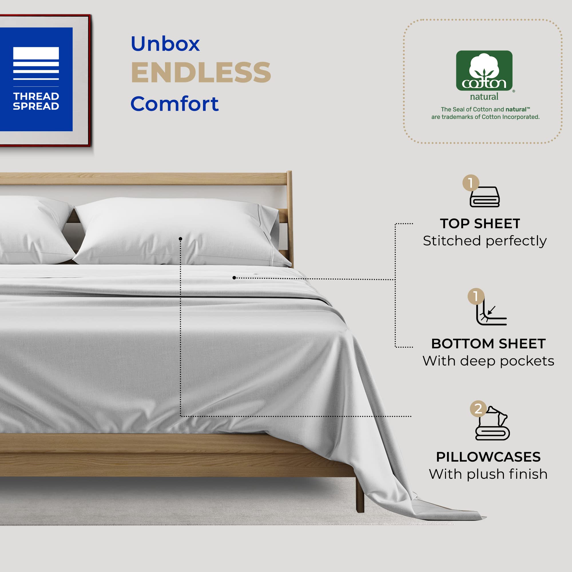 THREAD SPREAD 100% Egyptian Cotton Sheets for Queen Size Bed - 400 Thread Sateen Weave 4 PC Queen Silver Cotton Sheets, Deep Pocket Queen Sheet, Extra Soft Cooling Sheets Queen Size for Hot Sleepers