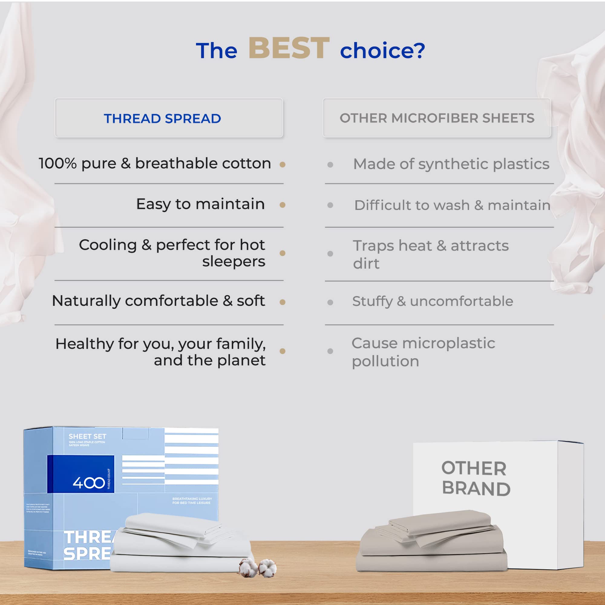 THREAD SPREAD 100% Egyptian Cotton Sheets for Queen Size Bed - 400 Thread Sateen Weave 4 PC Queen Silver Cotton Sheets, Deep Pocket Queen Sheet, Extra Soft Cooling Sheets Queen Size for Hot Sleepers
