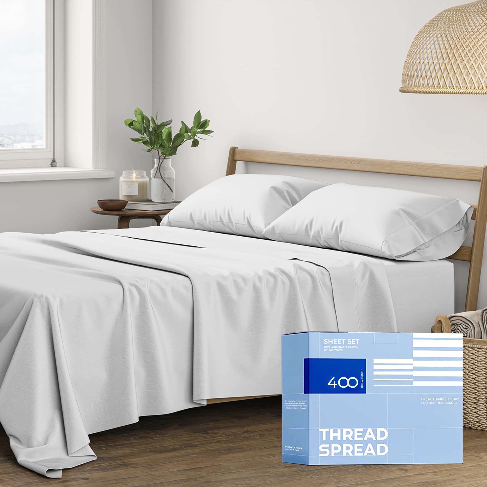 THREAD SPREAD 100% Egyptian Cotton Sheets for Queen Size Bed - 400 Thread Sateen Weave 4 PC Queen Silver Cotton Sheets, Deep Pocket Queen Sheet, Extra Soft Cooling Sheets Queen Size for Hot Sleepers