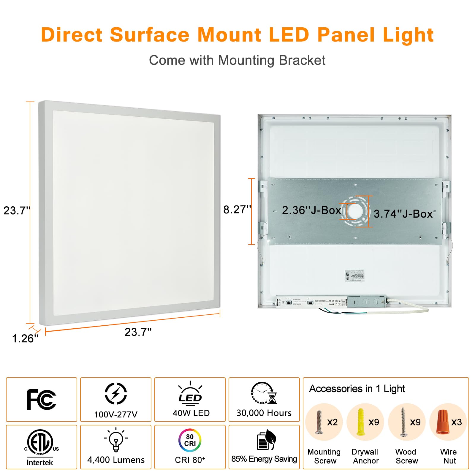 Mcacggo 2x2 LED Flat Panel Light Surface Mount, 40W-30W-20W & 3000K-4000K-5000K Selectable, 0-10V Dimmable, 24 Inch Square Flush Mount Ceiling Fixture for Kitchen, Shop, 100-277V, ETL, 2 Pack