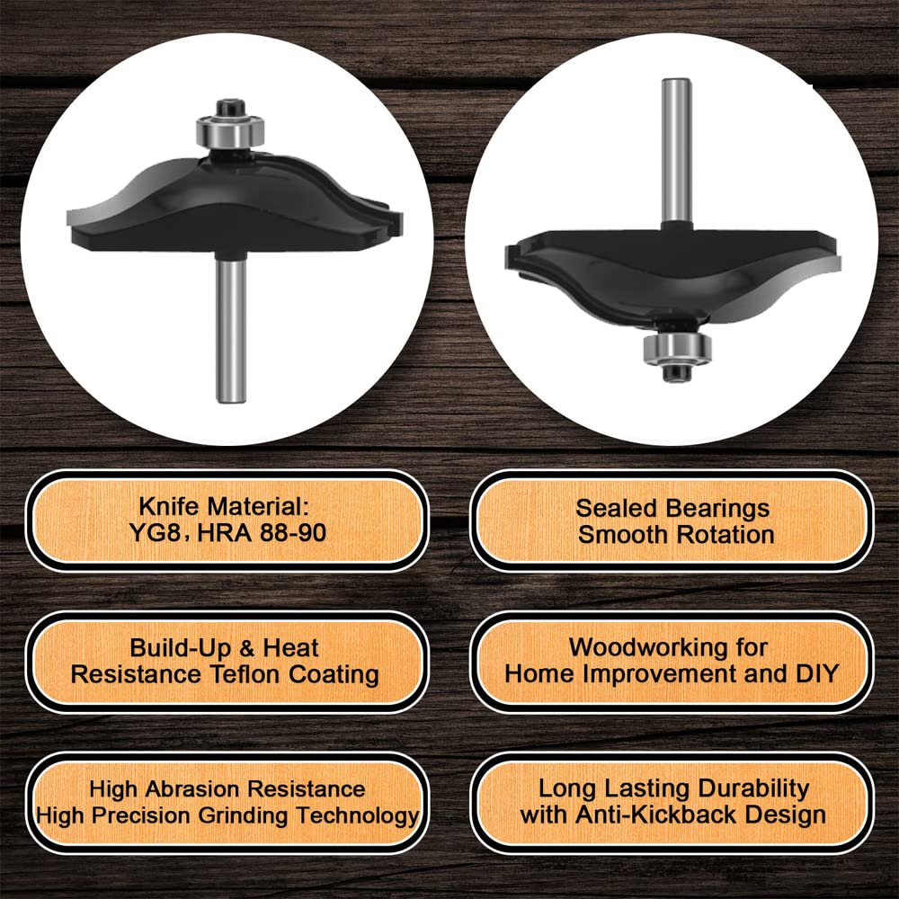 LEATBUY 3PCS Router Bit Set 1/4-Inch Shank, Round Over Raised Panel Cabinet Door Ogee Rail and Stile Router Bits, Woodworking Wood Cutter, Wood Carbide Milling Tool(1/4-Line)