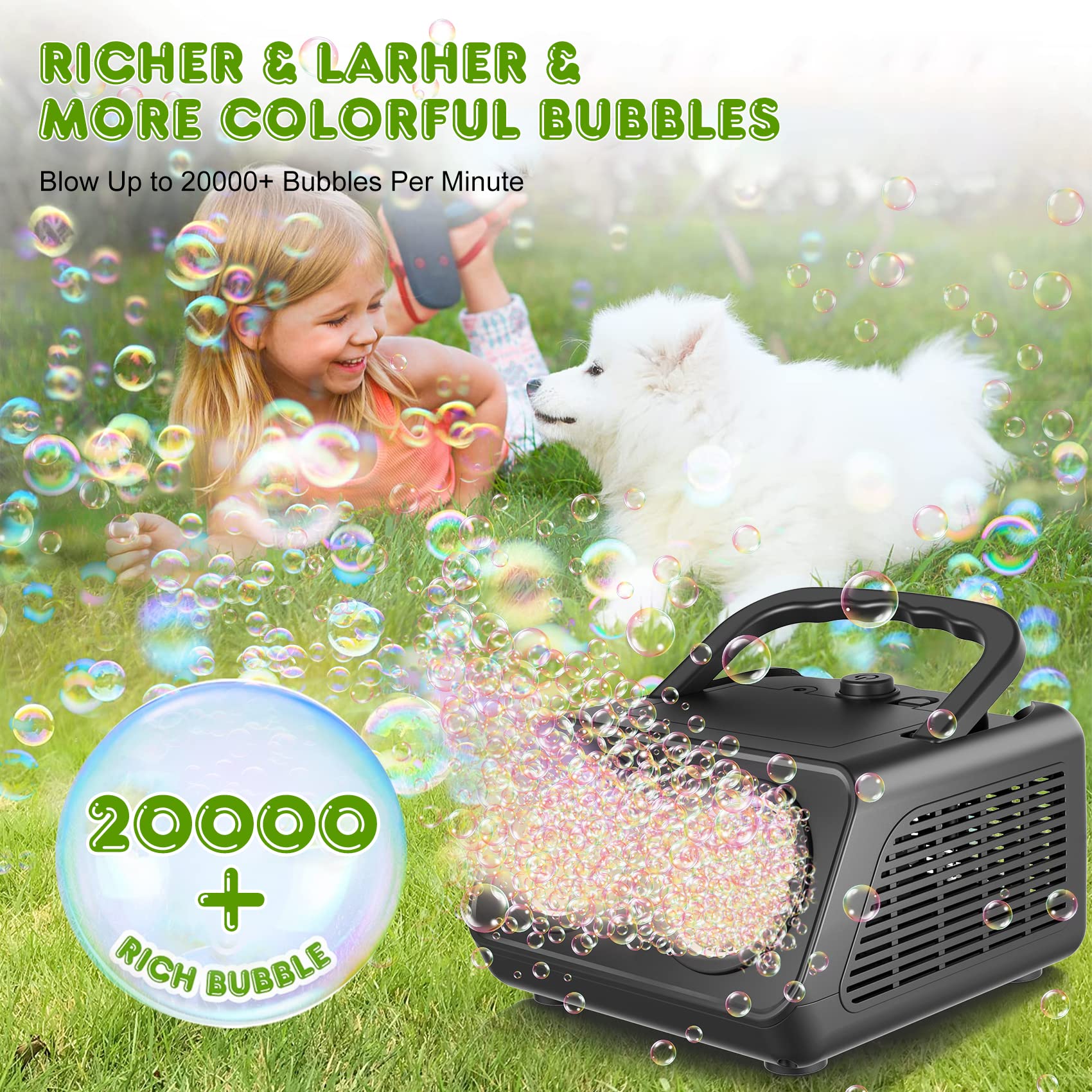 Zerhunt Bubble Machine| 20000+ Bubbles Per Minute Bubble Machine Blaster for Kids| Electric Bubble Blower Maker Operated by Plugin or Batteries| Bubble Toys for Indoor Outdoor Birthday Party(Black)