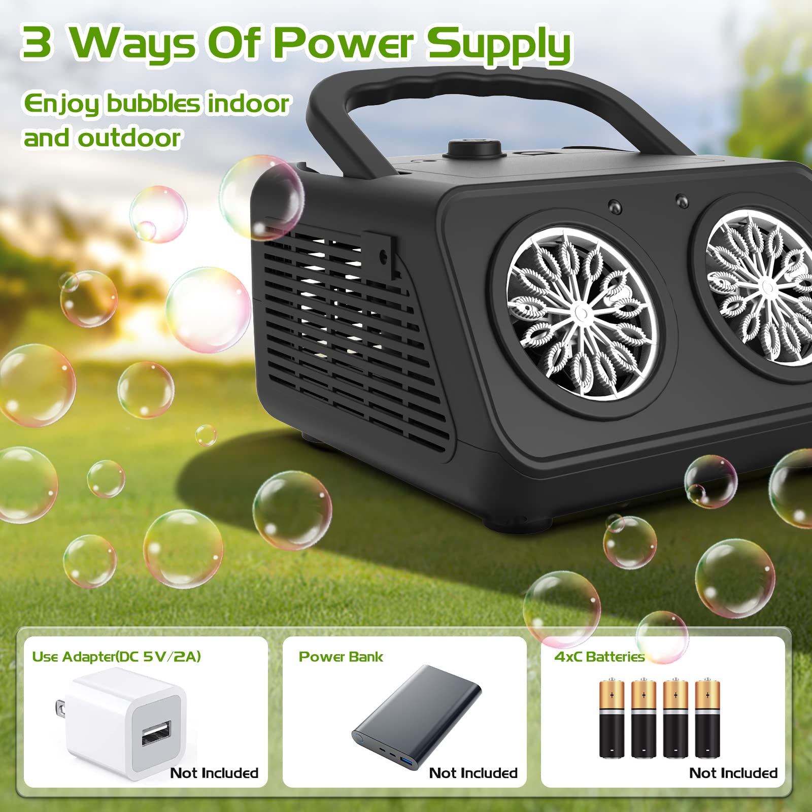 Zerhunt Bubble Machine| 20000+ Bubbles Per Minute Bubble Machine Blaster for Kids| Electric Bubble Blower Maker Operated by Plugin or Batteries| Bubble Toys for Indoor Outdoor Birthday Party(Black)