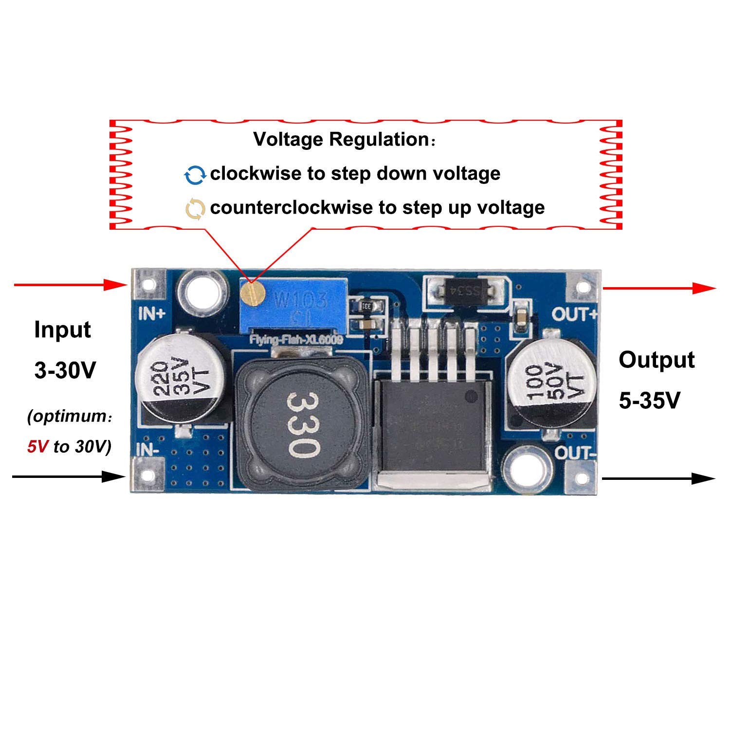 Valefod XL6009 DC to DC Boost Converter 3.0-30V to 5-35V Step-up Transformer Power Module, Pack of 6