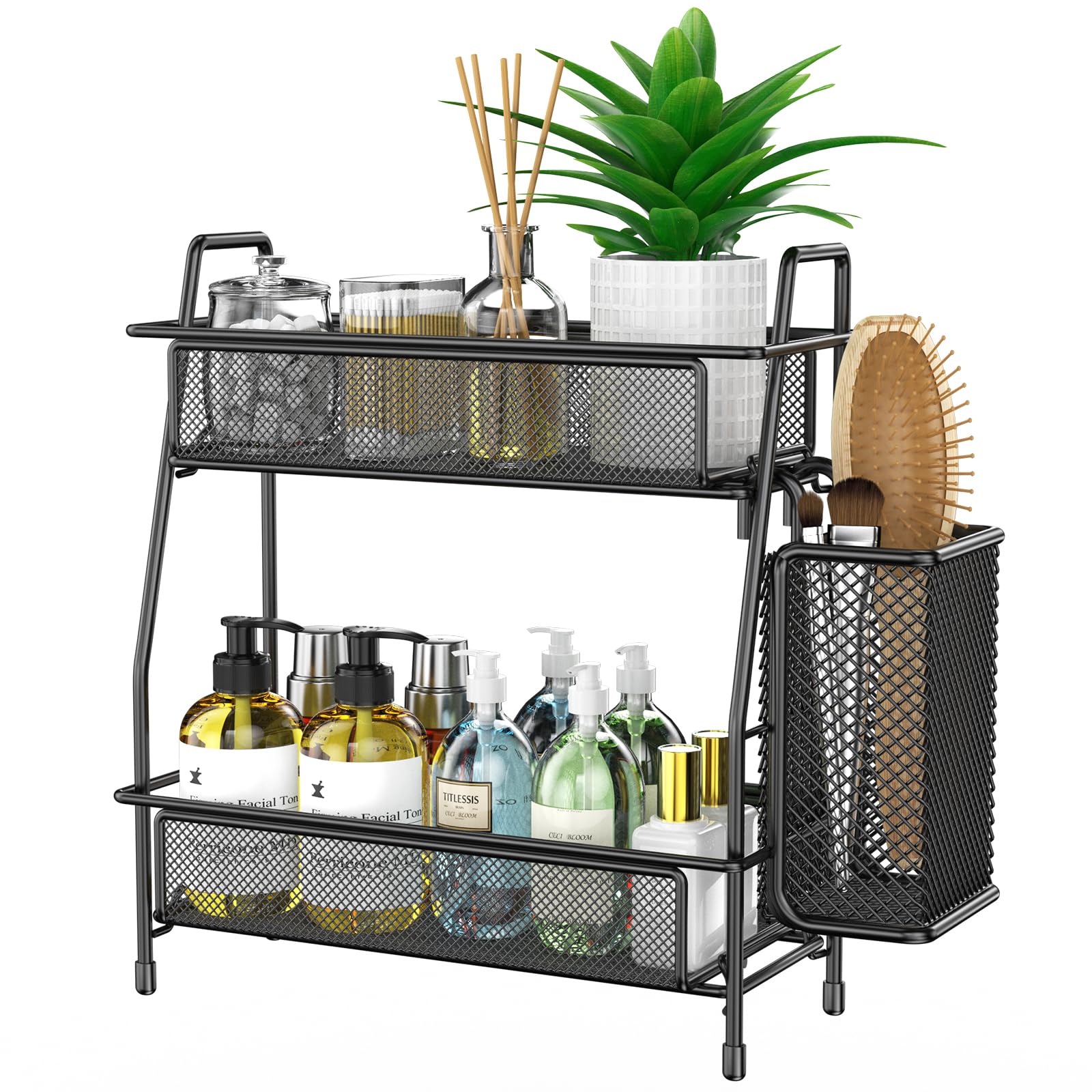 Bathroom Organizer with Basket, 2-Tier Bathroom Countertop Storage Shelf, Bathroom Counter Organizer, Skincare Organizer and Storage Kitchen Counter Organizers Spice Rack(Black)