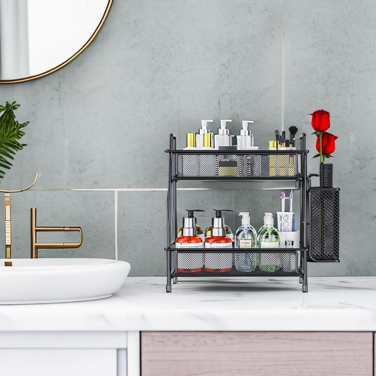 Bathroom Organizer with Basket, 2-Tier Bathroom Countertop Storage Shelf, Bathroom Counter Organizer, Skincare Organizer and Storage Kitchen Counter Organizers Spice Rack(Black)