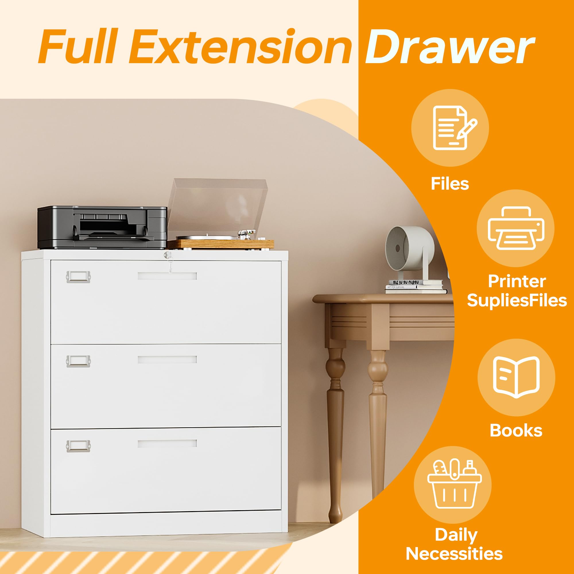Lateral File Cabinet with Lock, 3 Drawer Lateral Filing Cabinet, Metal Lateral File Cabinet for Home and Office, Metal Storage File Cabinet for Hanging Files Letter/Legal/F4/A4 Size