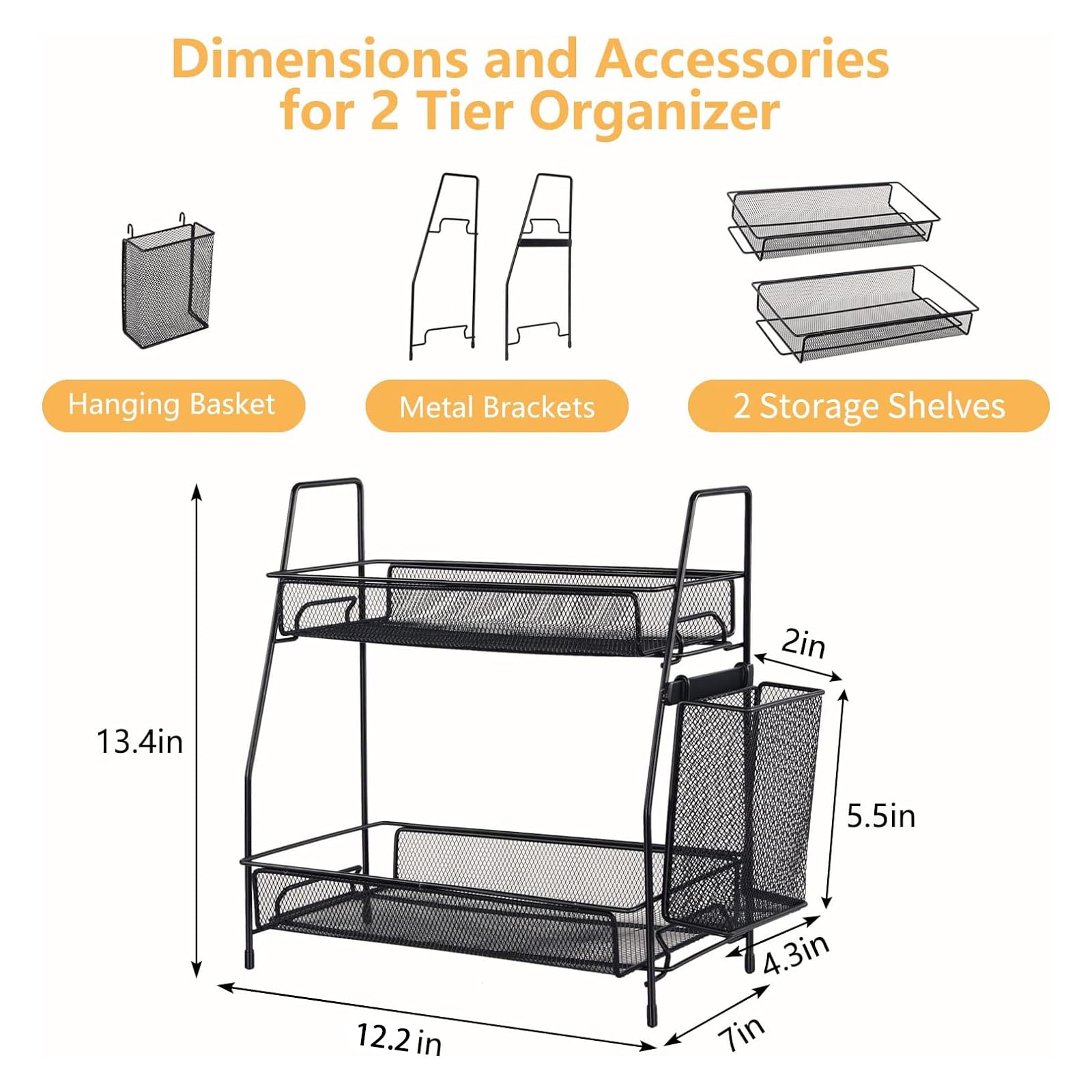 Bathroom Organizer with Basket, 2-Tier Bathroom Countertop Storage Shelf, Bathroom Counter Organizer, Skincare Organizer and Storage Kitchen Counter Organizers Spice Rack(Black)