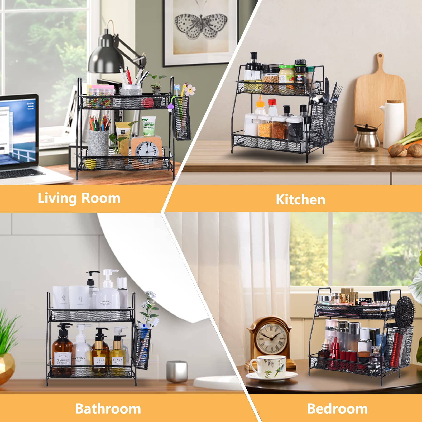 Bathroom Organizer with Basket, 2-Tier Bathroom Countertop Storage Shelf, Bathroom Counter Organizer, Skincare Organizer and Storage Kitchen Counter Organizers Spice Rack(Black)