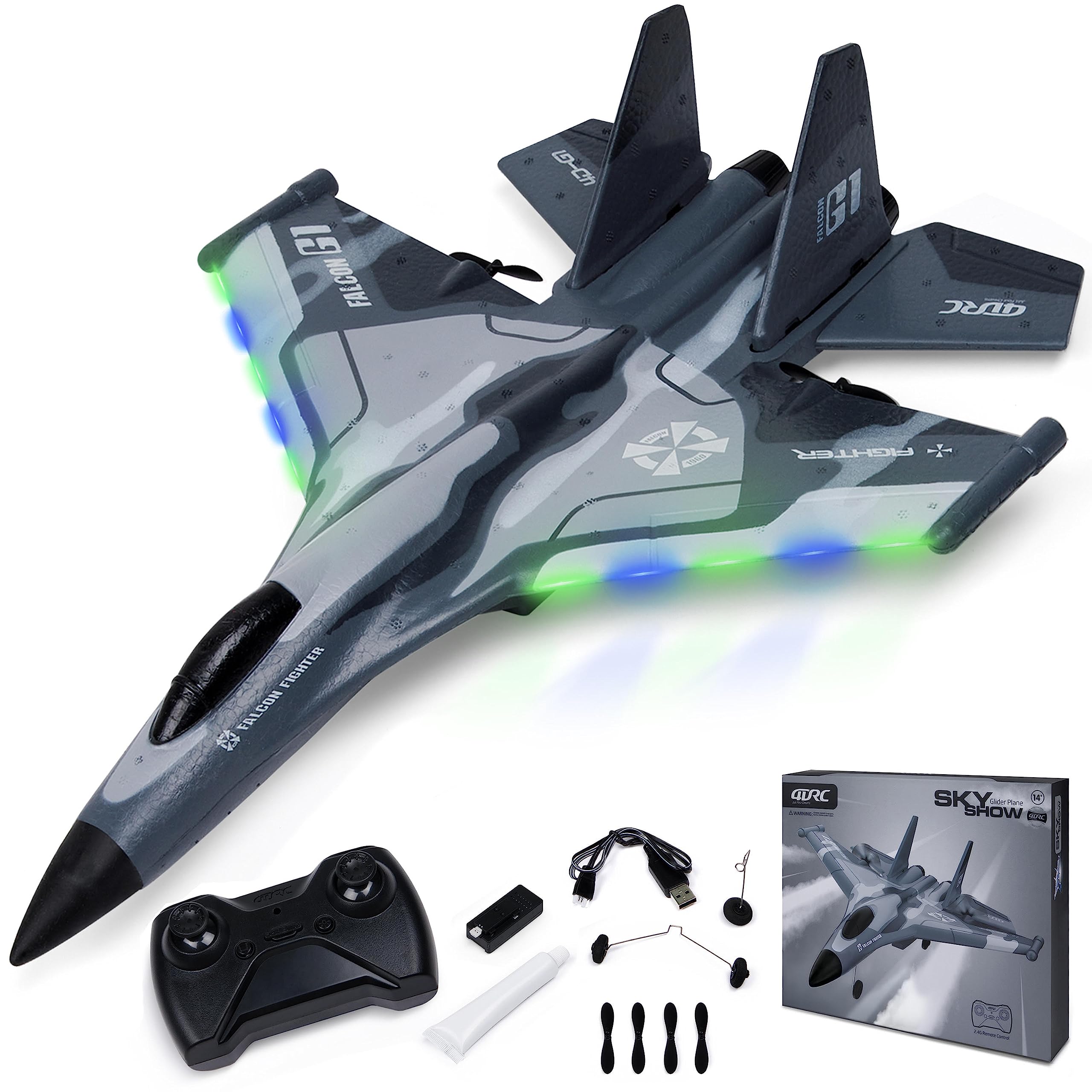 SkyylineTek RC Jet 2.4 Ghz RC Plane with Smart Gyroscope System, Dual-Motor, and LED Lights,F-22 Raptor Fighter Jet Toy, EPP Foam RC Glider, Great Remote Control Plane for Beginners, Kids, and Adults