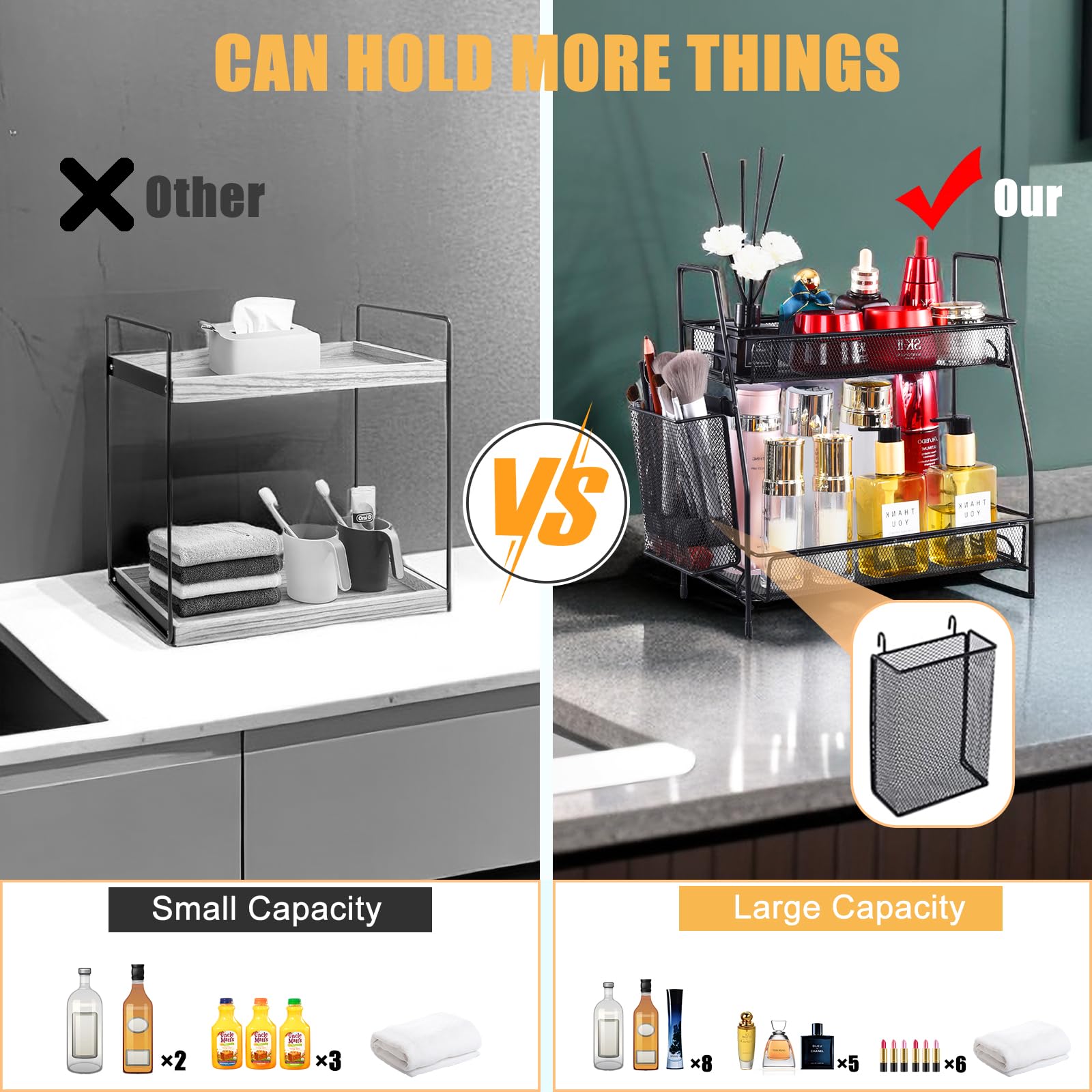 Bathroom Organizer with Basket, 2-Tier Bathroom Countertop Storage Shelf, Bathroom Counter Organizer, Skincare Organizer and Storage Kitchen Counter Organizers Spice Rack(Black)