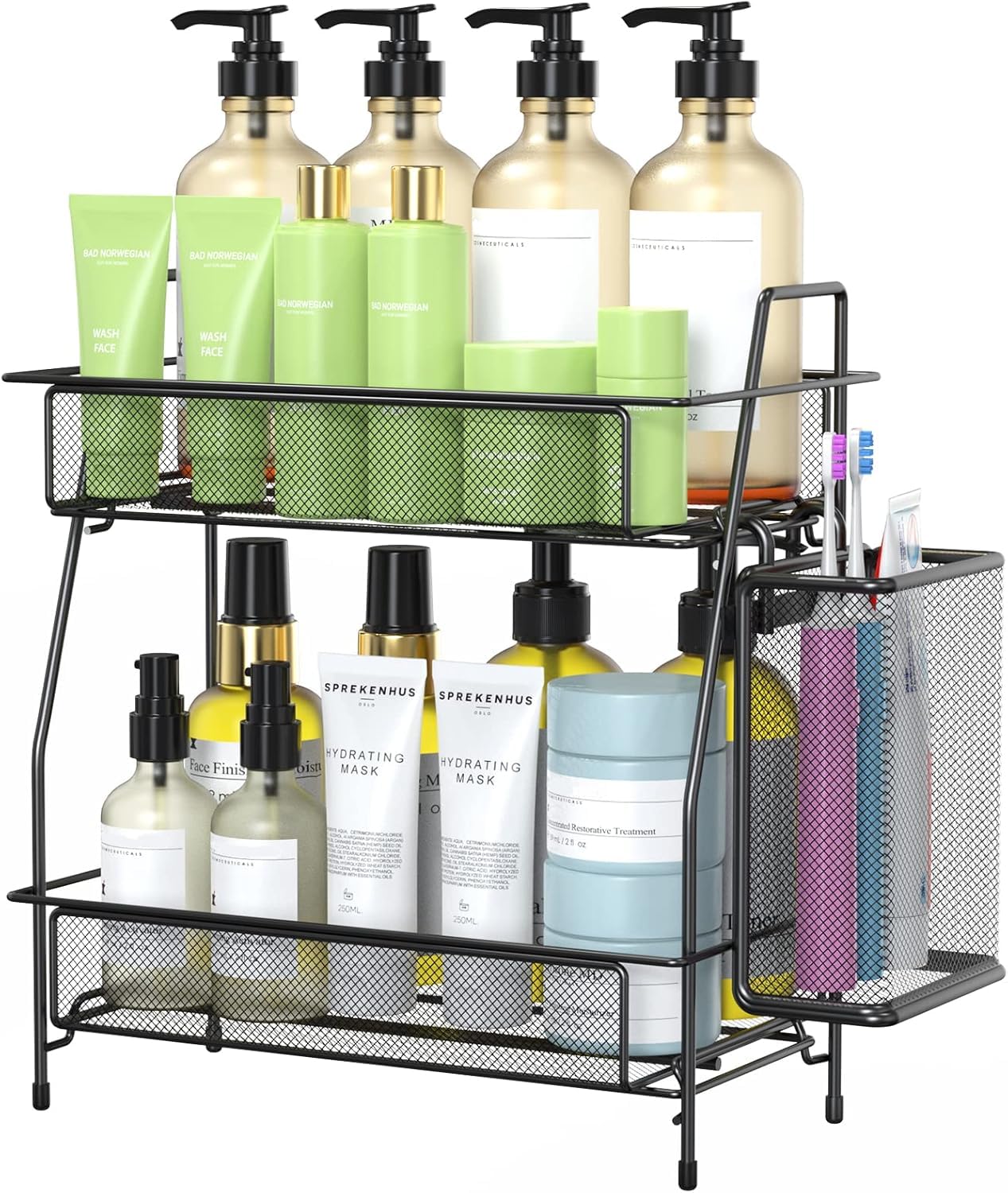 Bathroom Organizer with Basket, 2-Tier Bathroom Countertop Storage Shelf, Bathroom Counter Organizer, Skincare Organizer and Storage Kitchen Counter Organizers Spice Rack(Black)