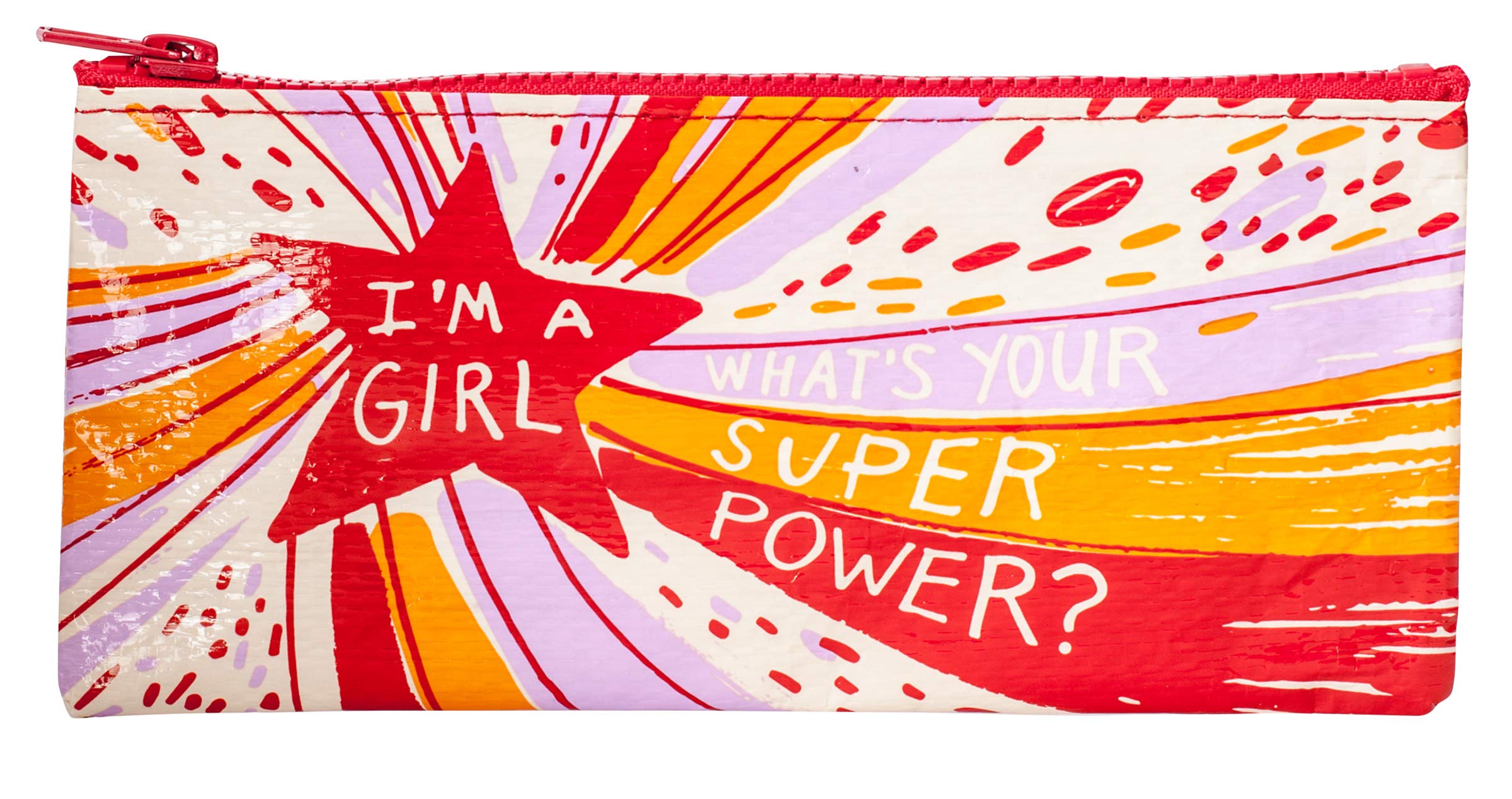 Blue Q Pencil Case - I'm a Girl, What's Your Super Power? Hefty zipper, sturdy and easy-to-wipe-clean, 95% recycled material, measures 4.25"h x 8.5"w
