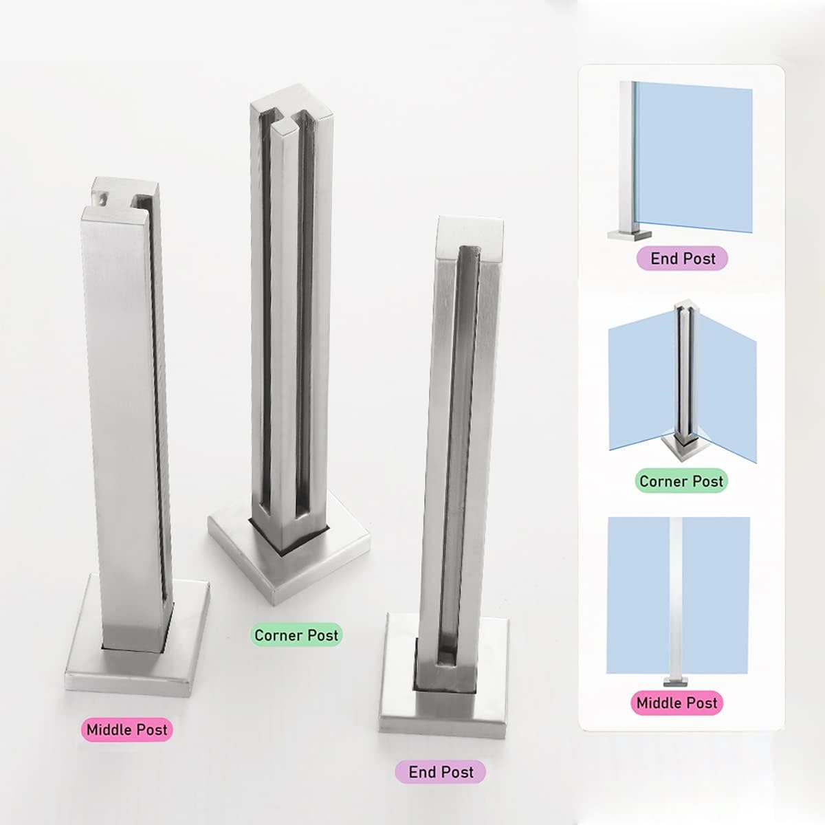 Glass Balustrade Post 37" Corner Post, 304 Stainless Steel Black Glass Railing Post with Spigot Slots & Sturdy Base for Steps, Balcony, Stairway, Deck, Patio Stairs(Cannot Add Handrail Version)