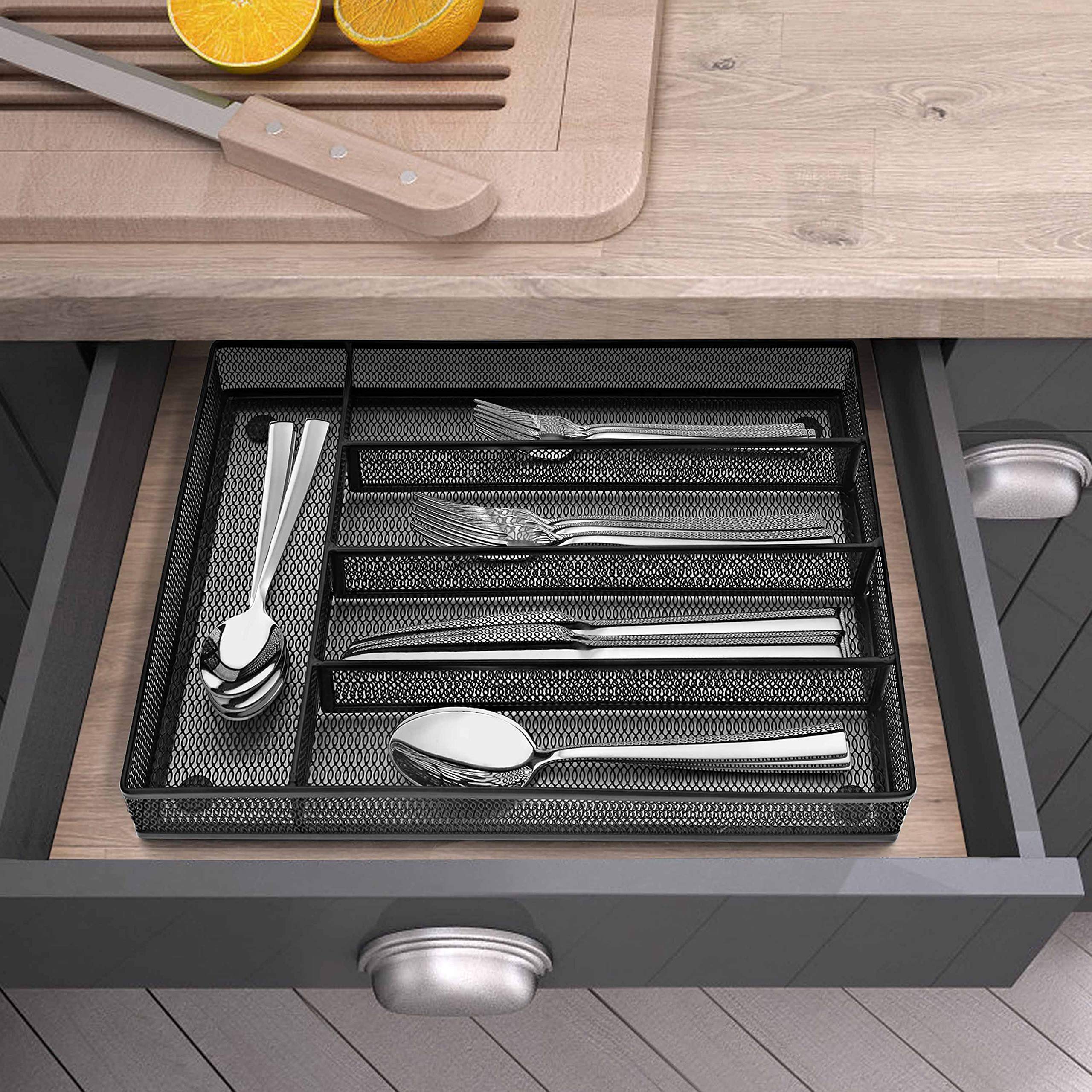 LIANYU 40-Piece Silverware Set with Drawer Organizer Set for 8, Stainless Steel Square Flatware Cutlery Set for 8, Kitchen Party Restaurant Eating Utensils Tableware, Mirror Polished, Dishwasher Safe