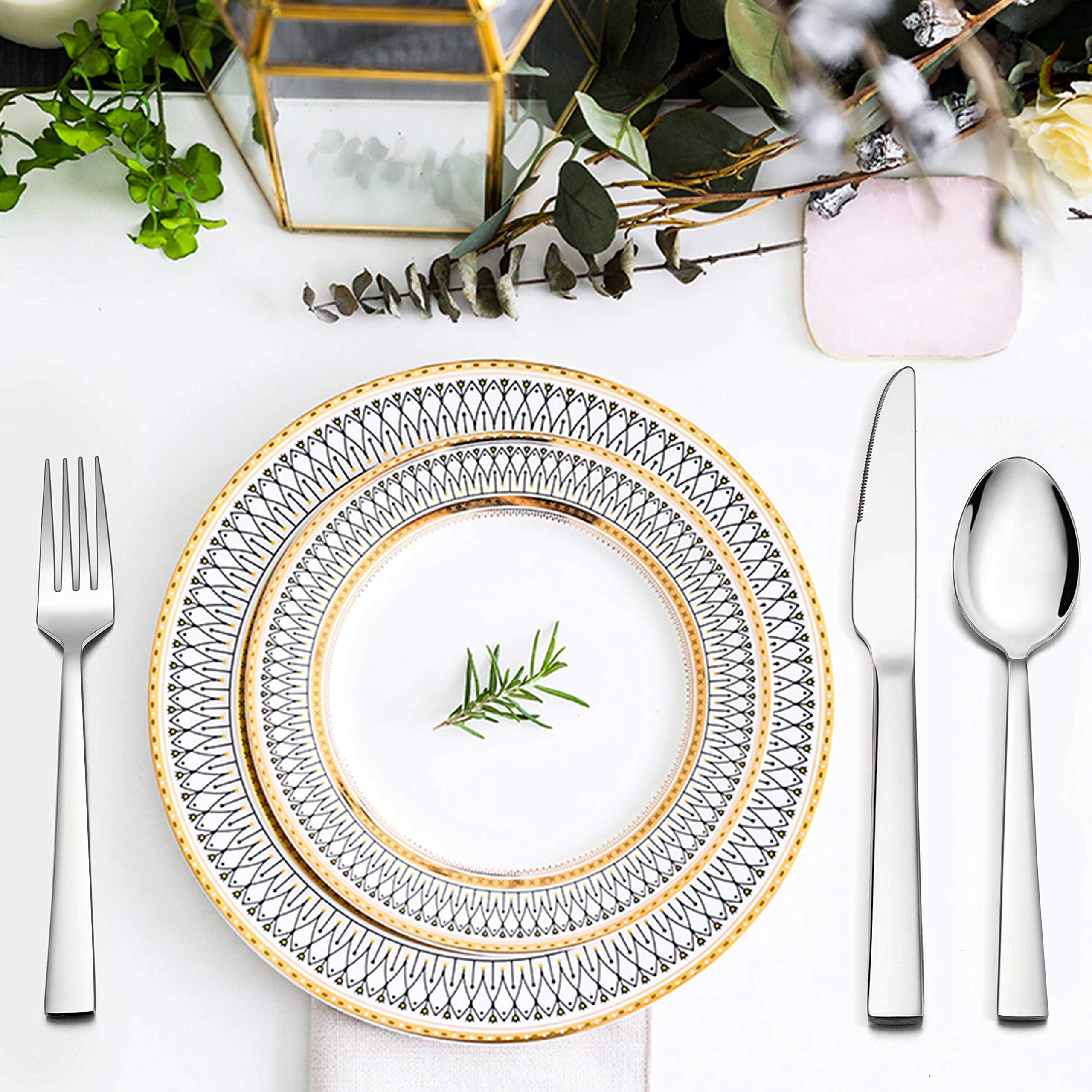 LIANYU 40-Piece Silverware Set with Drawer Organizer Set for 8, Stainless Steel Square Flatware Cutlery Set for 8, Kitchen Party Restaurant Eating Utensils Tableware, Mirror Polished, Dishwasher Safe