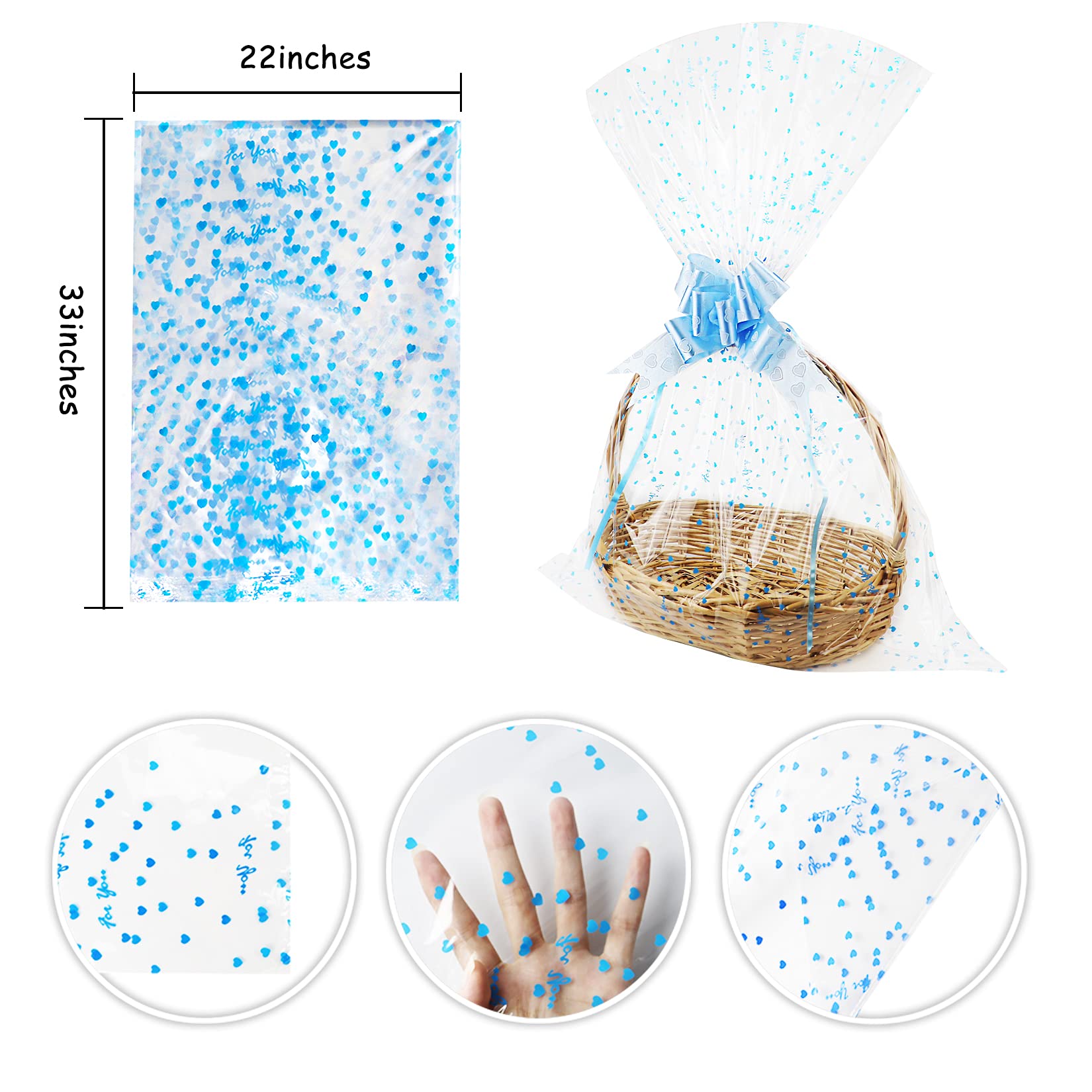 Yotelab Easter Large Cellophane Bags, Blue Heart Cellophane Wrap for Gift Basket, 22x33 Inches,10 Pieces Cellophane Gift Bags