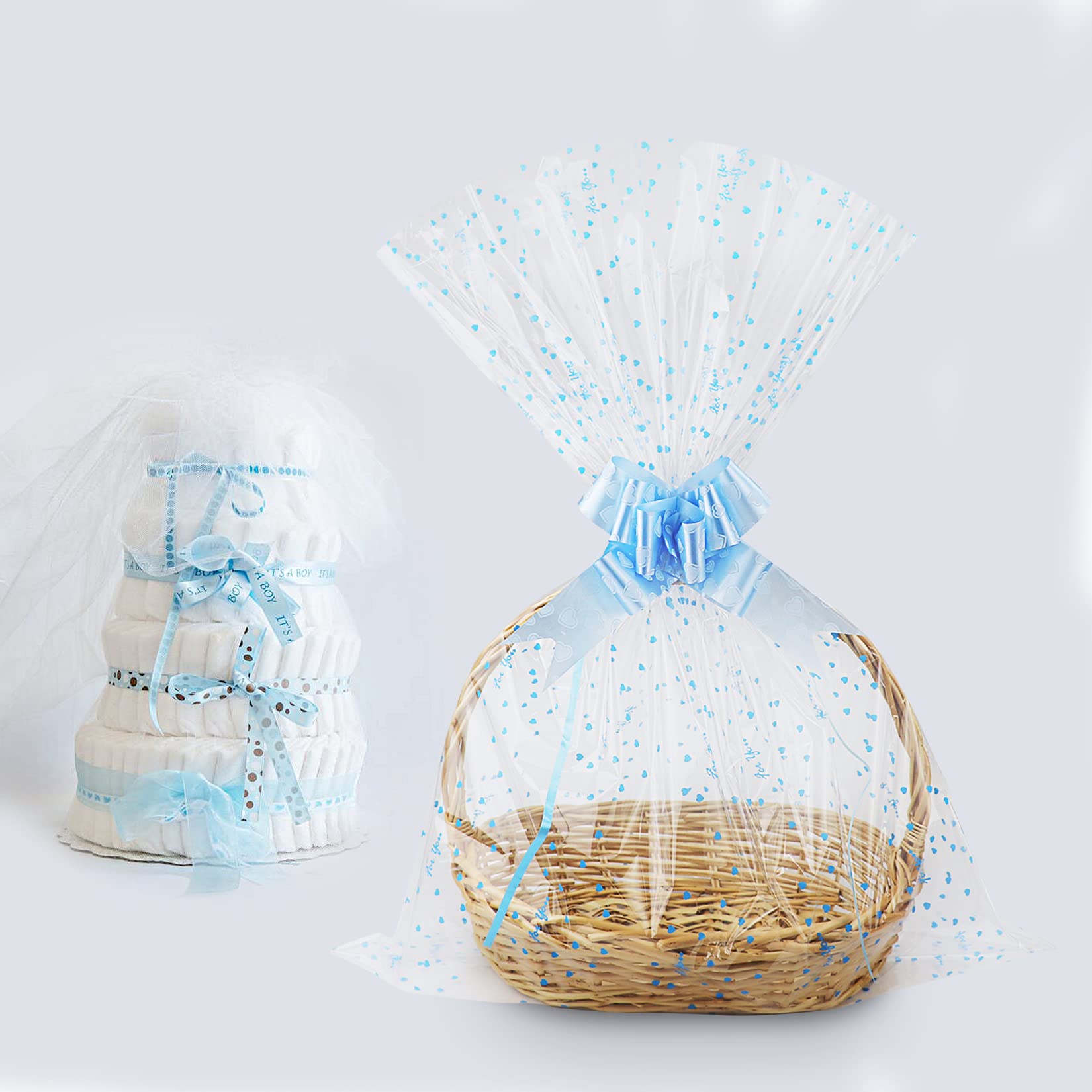 Yotelab Easter Large Cellophane Bags, Blue Heart Cellophane Wrap for Gift Basket, 22x33 Inches,10 Pieces Cellophane Gift Bags
