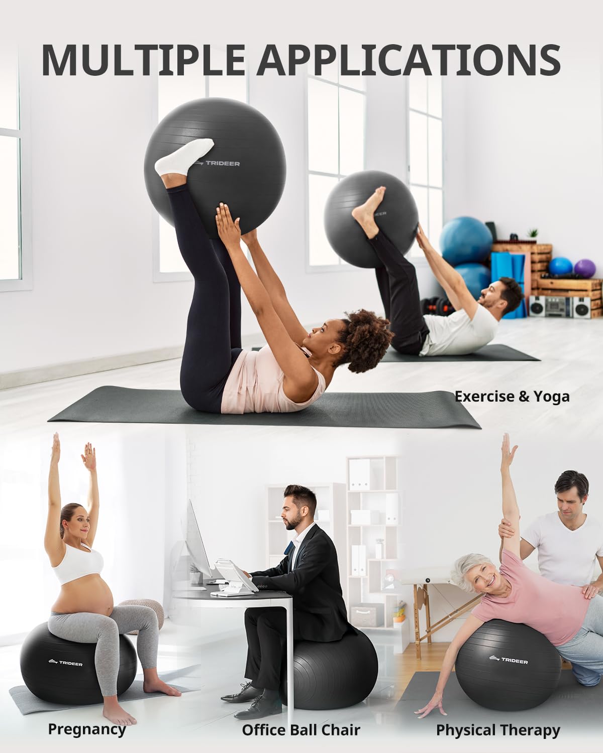Trideer Extra Thick Yoga Ball Exercise Ball, 5 Sizes Ball Chair, Heavy Duty Swiss Ball for Balance, Stability, Pregnancy, Physical Therapy, Quick Pump Included (Black, L (58-65cm))