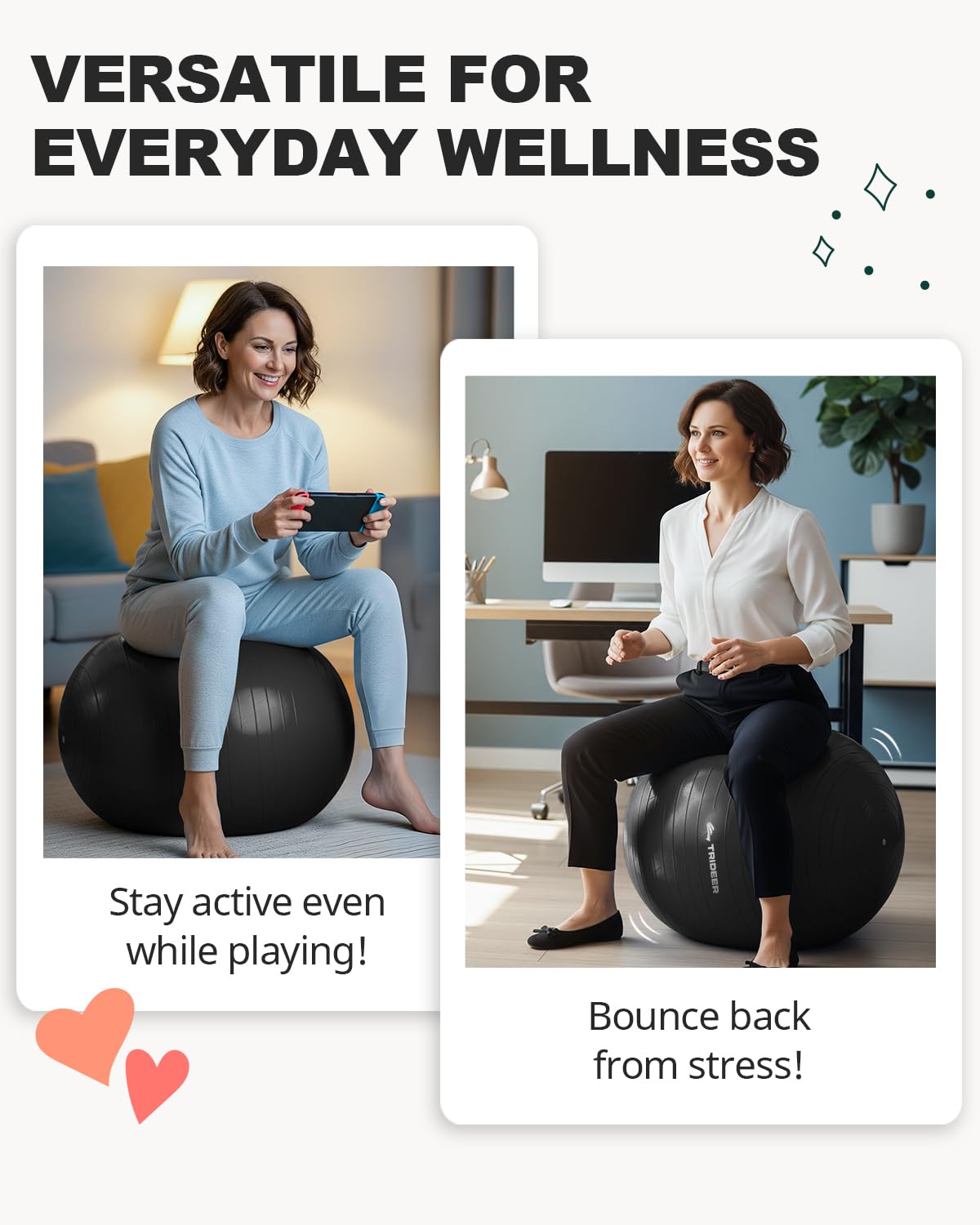 Trideer Extra Thick Yoga Ball Exercise Ball, 5 Sizes Ball Chair, Heavy Duty Swiss Ball for Balance, Stability, Pregnancy, Physical Therapy, Quick Pump Included (Black, L (58-65cm))
