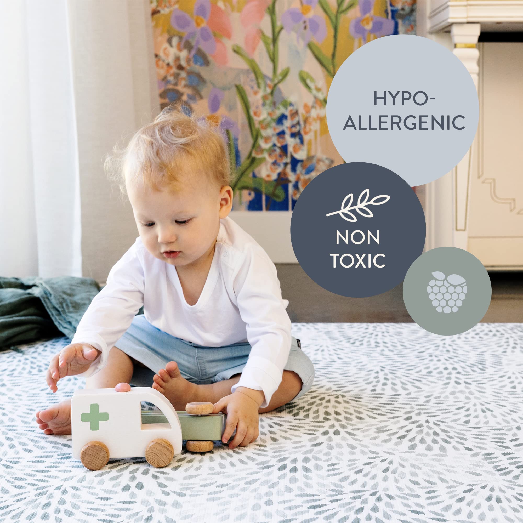 Baby Play Mat for Infants | One-Piece Reversible Foam Floor Mat | Large | Eco-Friendly | Extra Soft | Thick | Non-Toxic | Toddlers | Kids (Sage Petal/Natural Mixed Marks, Large)