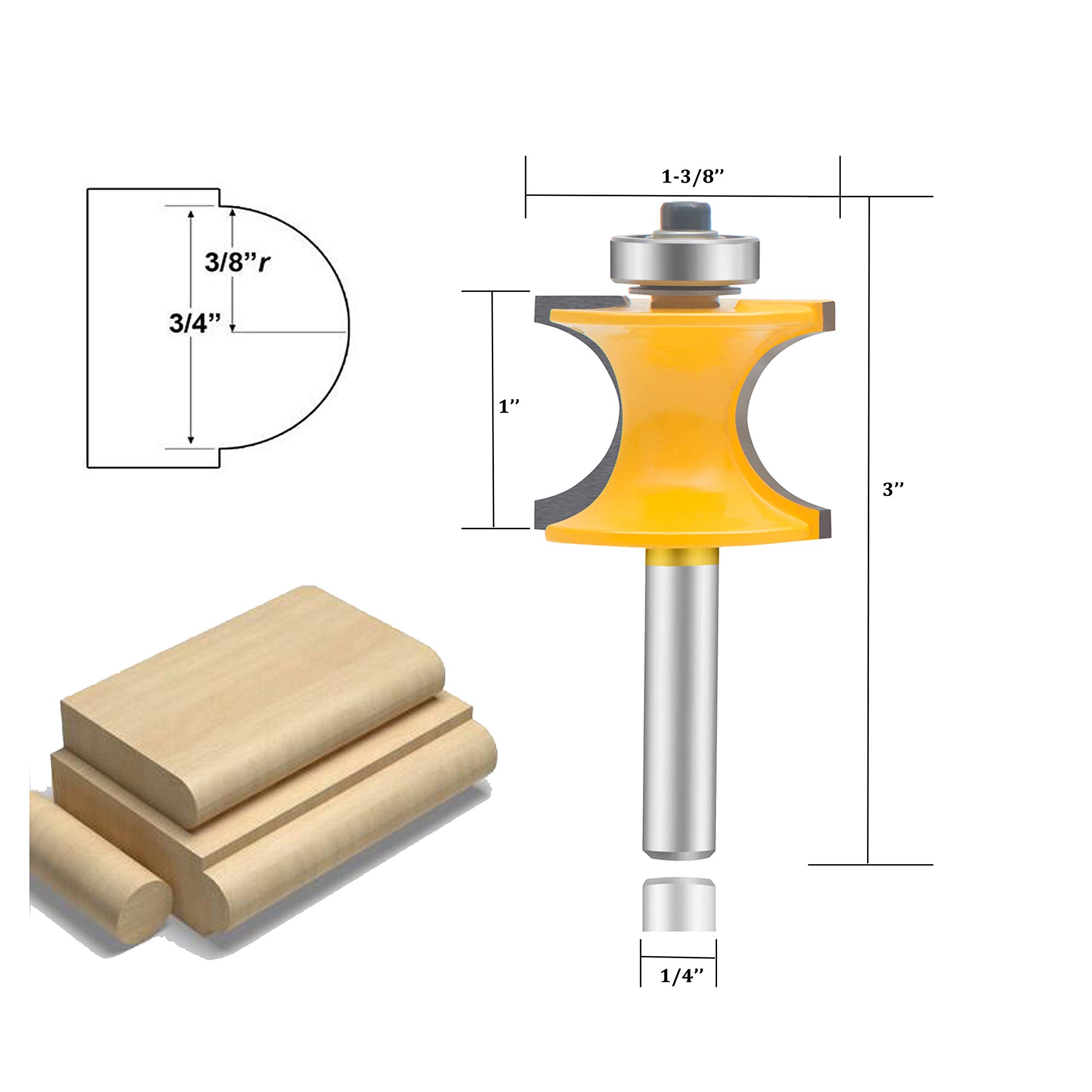 OLETBE Router Bits 1/4 Inch Shank Bullnose Bit 5PCS,Half Round Bearing Cabinet Shelf Door Edge Cutting Bits, Radius 1/8" 3/16" 1/4" 5/16" 3/8", Woodworking Milling Cutter CNC Tool(Panel)