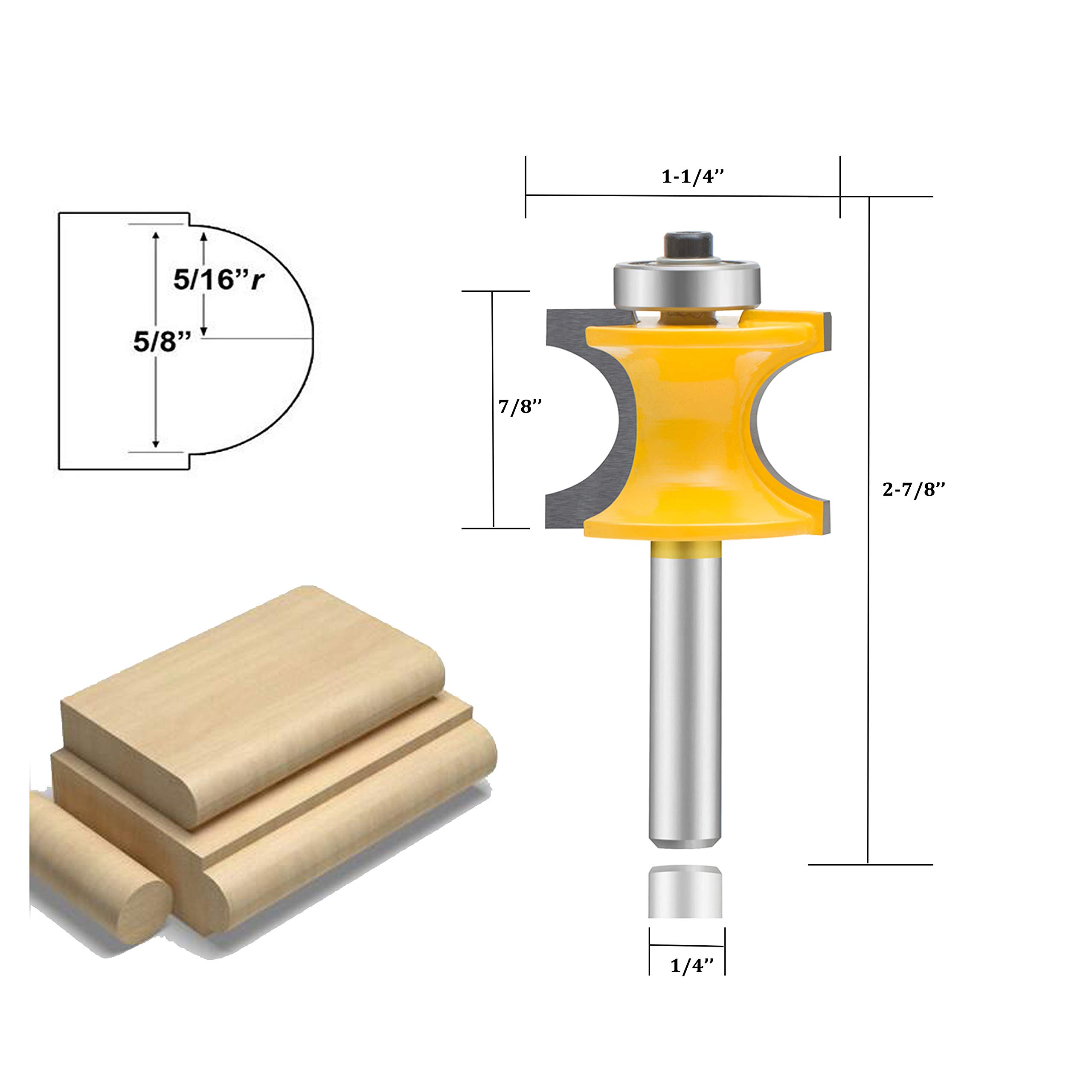 OLETBE Router Bits 1/4 Inch Shank Bullnose Bit 5PCS,Half Round Bearing Cabinet Shelf Door Edge Cutting Bits, Radius 1/8" 3/16" 1/4" 5/16" 3/8", Woodworking Milling Cutter CNC Tool(Panel)