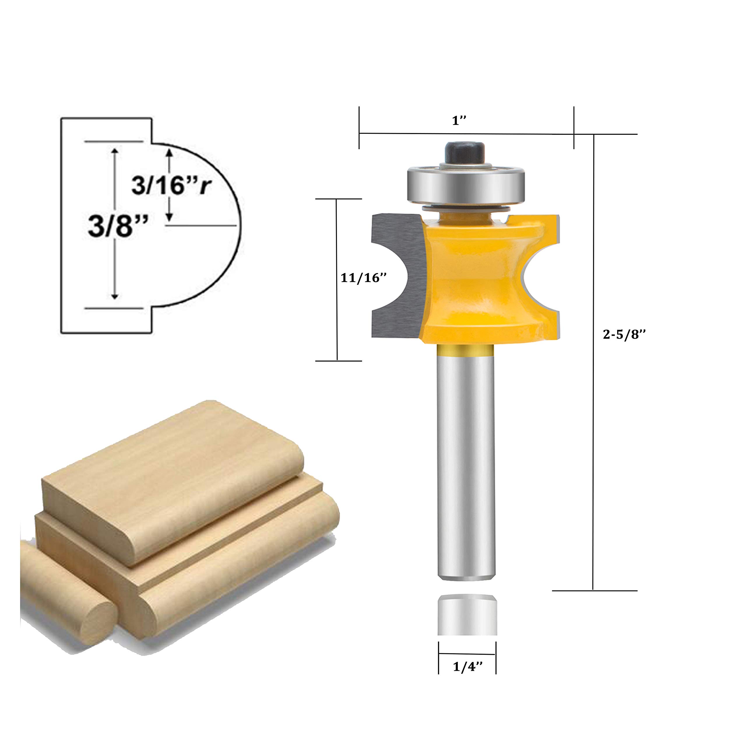 OLETBE Router Bits 1/4 Inch Shank Bullnose Bit 5PCS,Half Round Bearing Cabinet Shelf Door Edge Cutting Bits, Radius 1/8" 3/16" 1/4" 5/16" 3/8", Woodworking Milling Cutter CNC Tool(Panel)