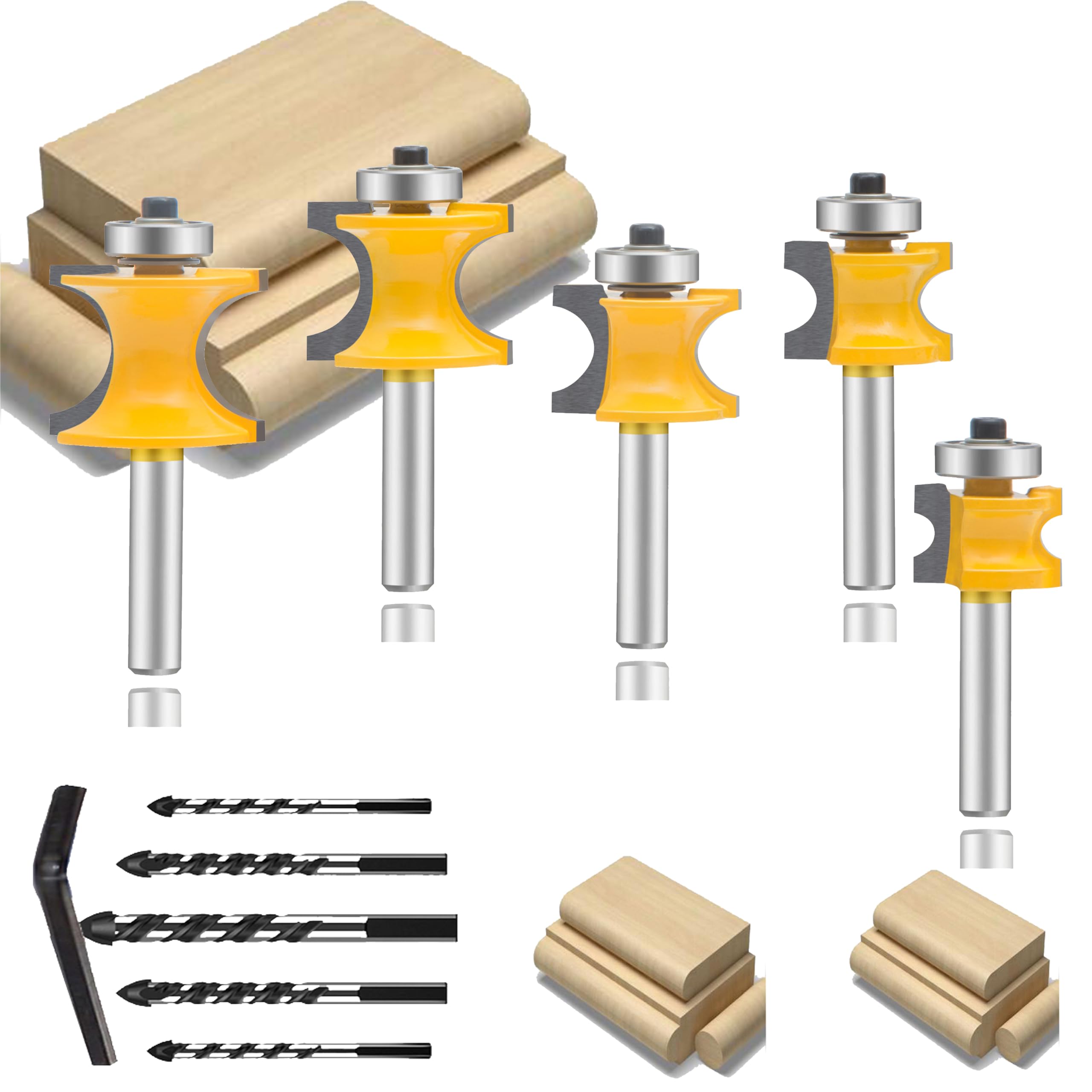 OLETBE Router Bits 1/4 Inch Shank Bullnose Bit 5PCS,Half Round Bearing Cabinet Shelf Door Edge Cutting Bits, Radius 1/8" 3/16" 1/4" 5/16" 3/8", Woodworking Milling Cutter CNC Tool(Panel)