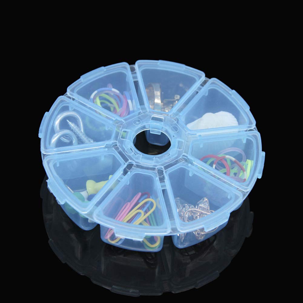 AKOAK 1 Pack Round 8-Compartment Storage Box, Easy to Carry, for Storing Earrings, Rings, Beads, Rhinestones, Pills and More (Blue)