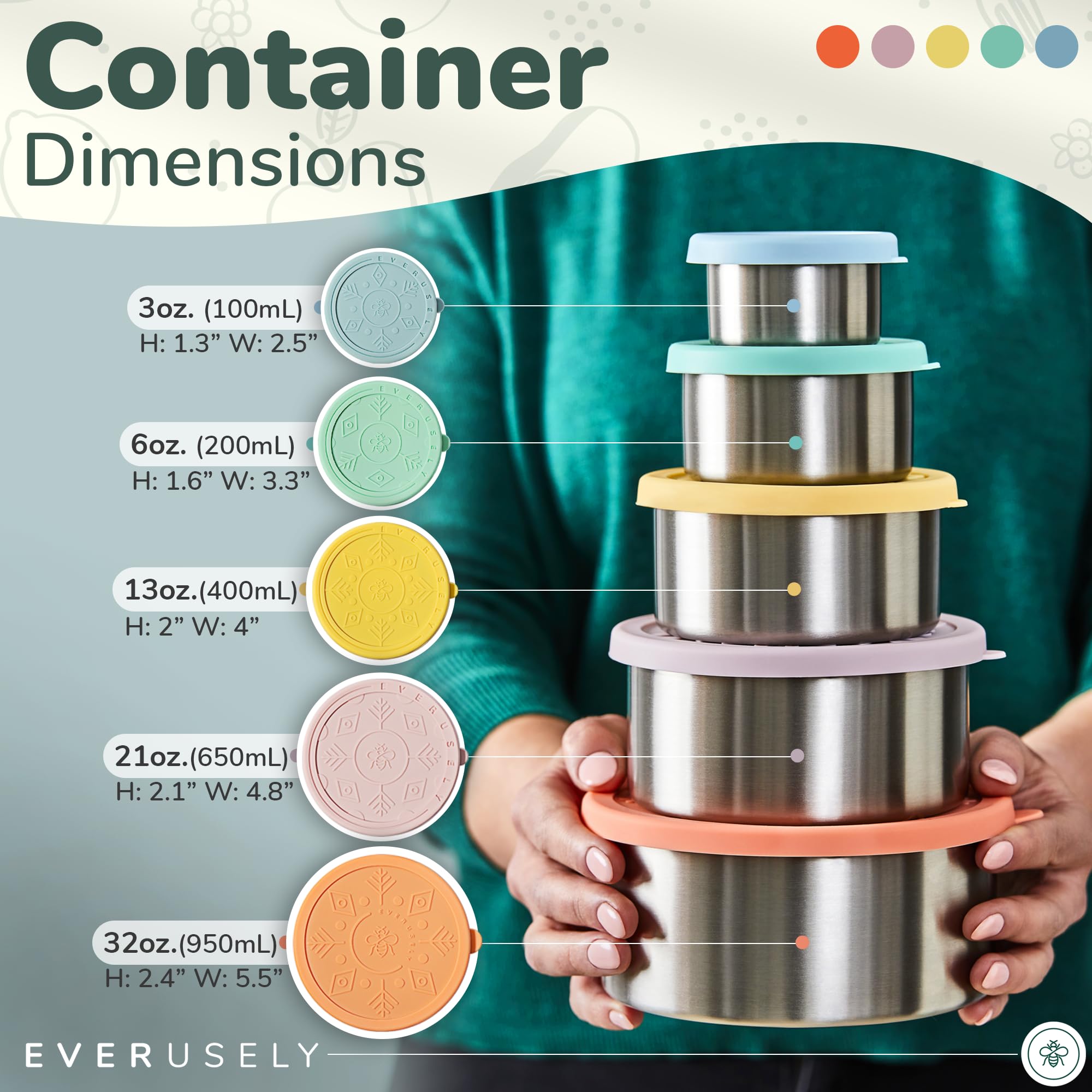 Everusely Stainless Steel Containers With Lids, Stackable Toddler Snack Containers, Leak-Proof Stainless Steel Lunch Box for Kids, Metal Food Storage Containers, Bento Box for Salad, Kids Lunch Box