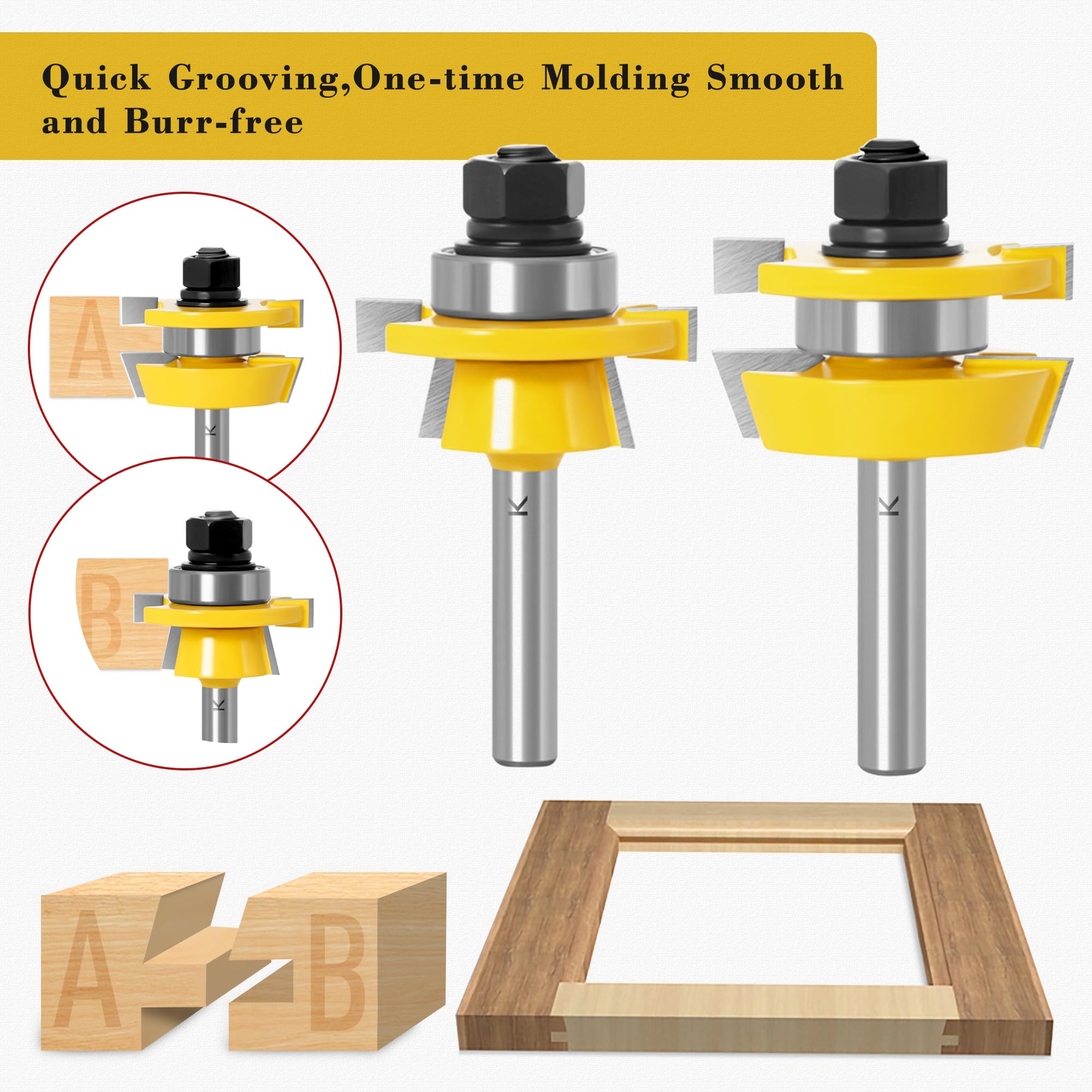 ASNOMY 2Pcs Shaker Rail and Stile Router Bits for Cabinet Door, 1/4 Inch Shank Woodworking Tongue and Groove Router Bit for Cabinet Door