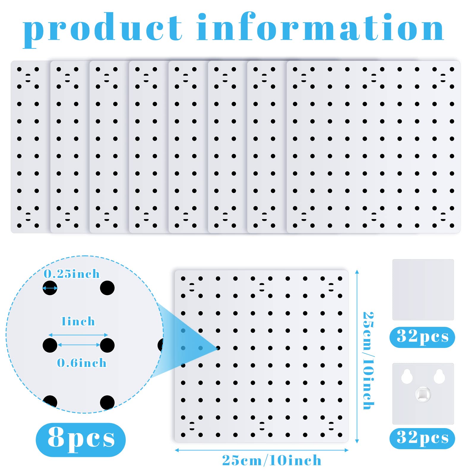 Nuanchu 8 Set Pegboard Wall Mount Display Organizer Kit - Plastic Pegboard Panels for Garage Kitchen Living Room Office No Drilling to Wall, No Drilling Required, 10 x 10 Inch(White)