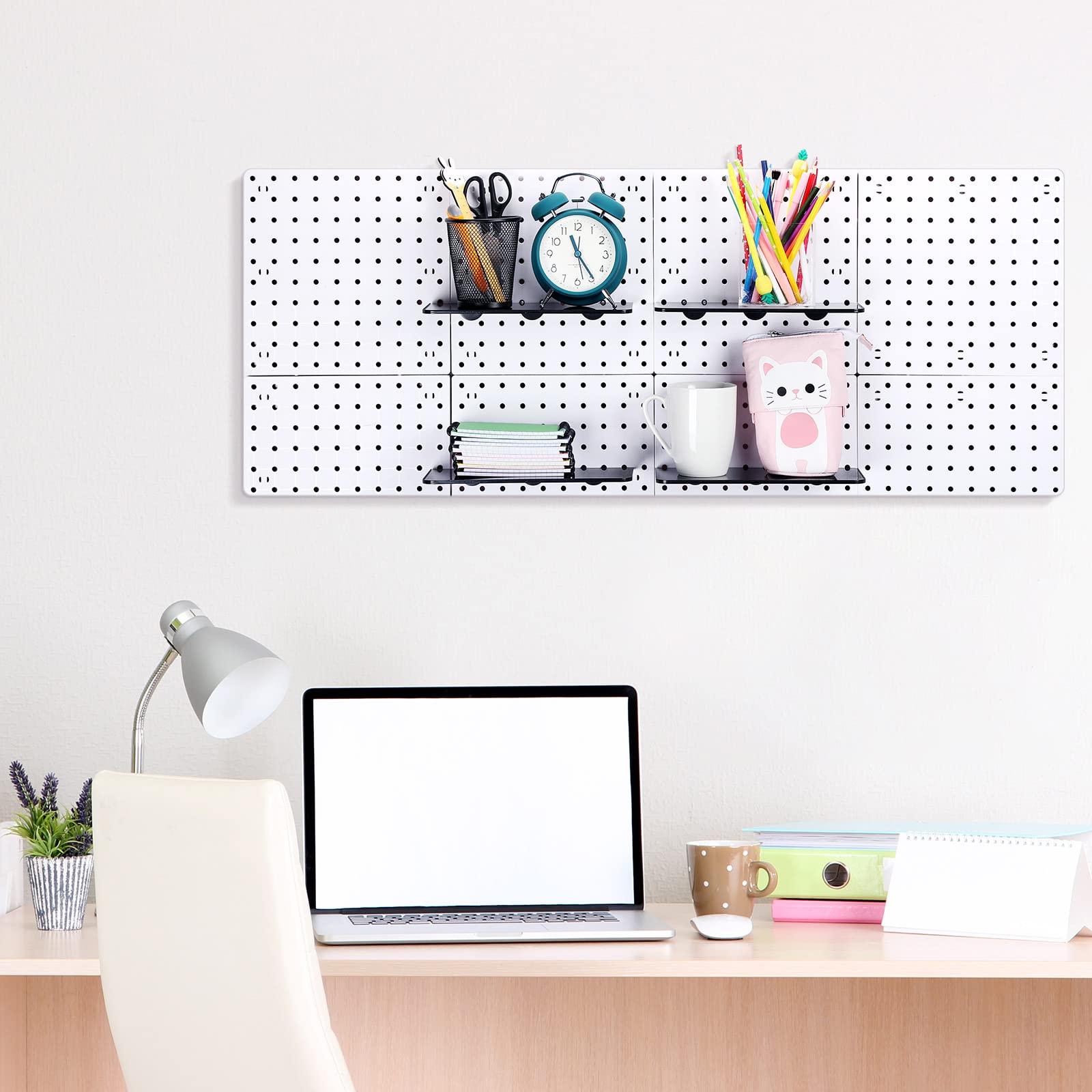 Nuanchu 8 Set Pegboard Wall Mount Display Organizer Kit - Plastic Pegboard Panels for Garage Kitchen Living Room Office No Drilling to Wall, No Drilling Required, 10 x 10 Inch(White)
