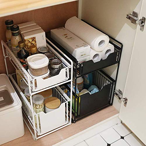 KirinRen Stackable 2-Tie Under Sink Cabinets Organizer With Sliding Storage Drawer, Pull Out Cabinets Organizer Shelf, Sliding Basket Organizer Drawer For Kitchen, Bathroom, Office (black)