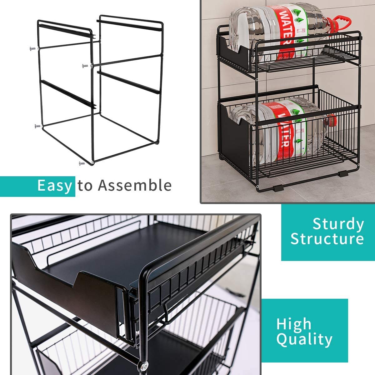 KirinRen Stackable 2-Tie Under Sink Cabinets Organizer With Sliding Storage Drawer, Pull Out Cabinets Organizer Shelf, Sliding Basket Organizer Drawer For Kitchen, Bathroom, Office (black)