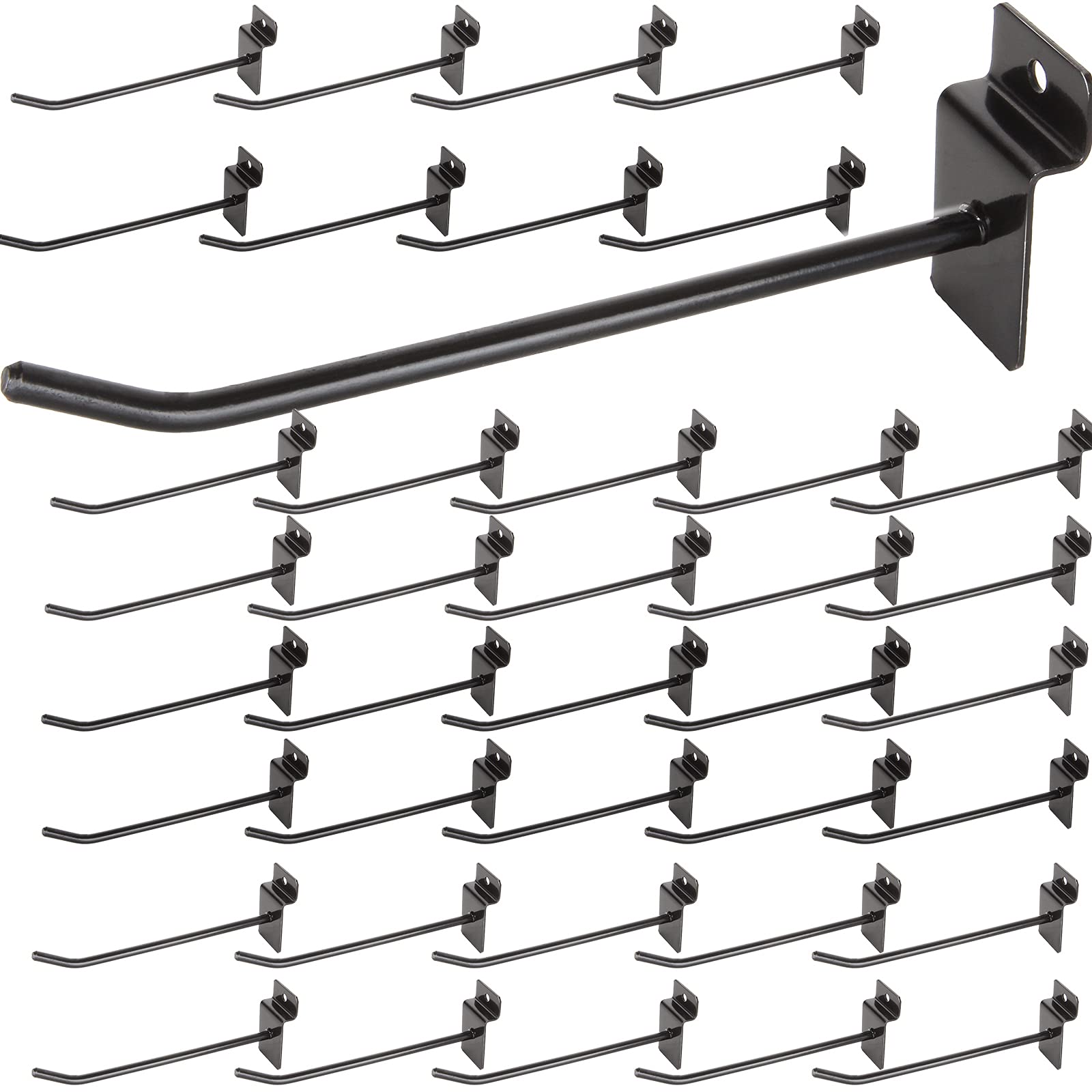 32Pack Slatwall Hooks, 8” Heavy Duty Panel Display Hooks, Commercial Grade Slat Board Hooks for Panel, 1/8” Thickness Metal Slatwall Deluxe Hooks for Garage Shop Retail Display, Black