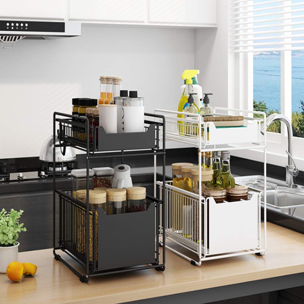 KirinRen Stackable 2-Tie Under Sink Cabinets Organizer With Sliding Storage Drawer, Pull Out Cabinets Organizer Shelf, Sliding Basket Organizer Drawer For Kitchen, Bathroom, Office (black)