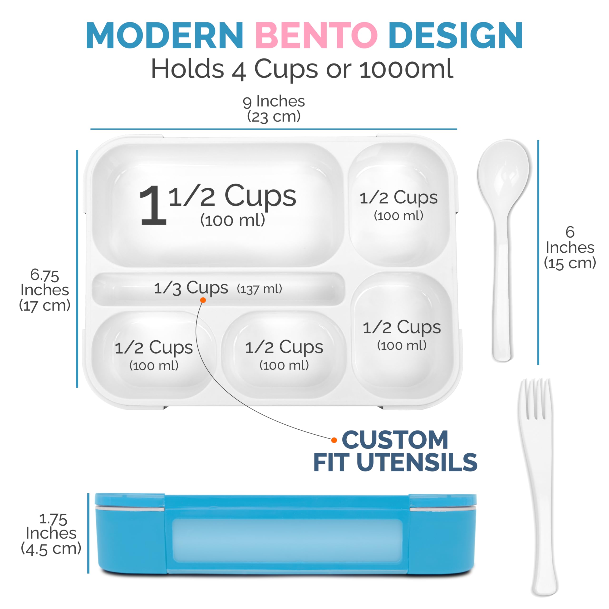 Bento Lunch Box Kids & Adult: Leakproof Lunch Containers for Boys & Girls with 6 Compartments - School, Daycare, Meal Planning Portion Control Container, BPA-Free Boxes, Utensils, Blue & Pink Set